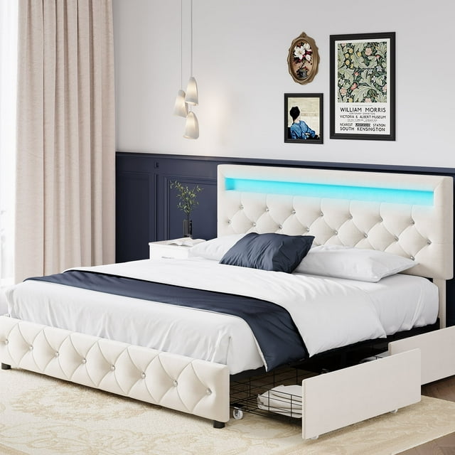 Homfa Queen LED Bed Frame with 4 Storage Drawer, Upholstered Platform ...