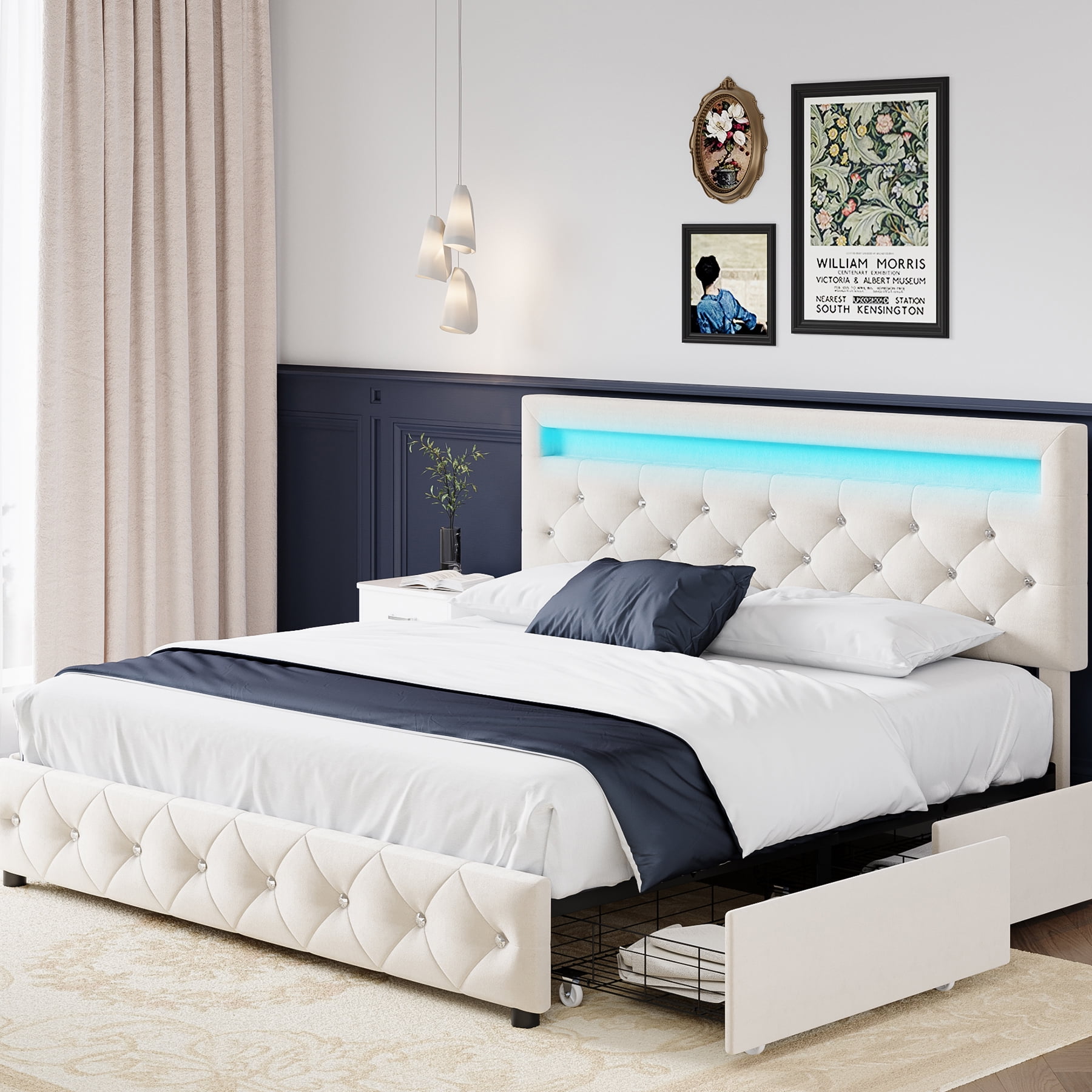 Homfa Queen LED Bed Frame with 4 Storage Drawer, Upholstered Platform ...