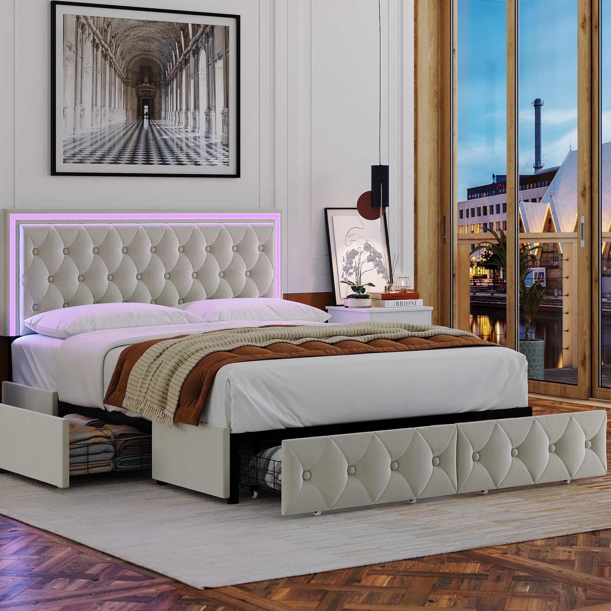 Homfa Queen LED Bed with Storage Drawers and Upholstered Button Tufted ...