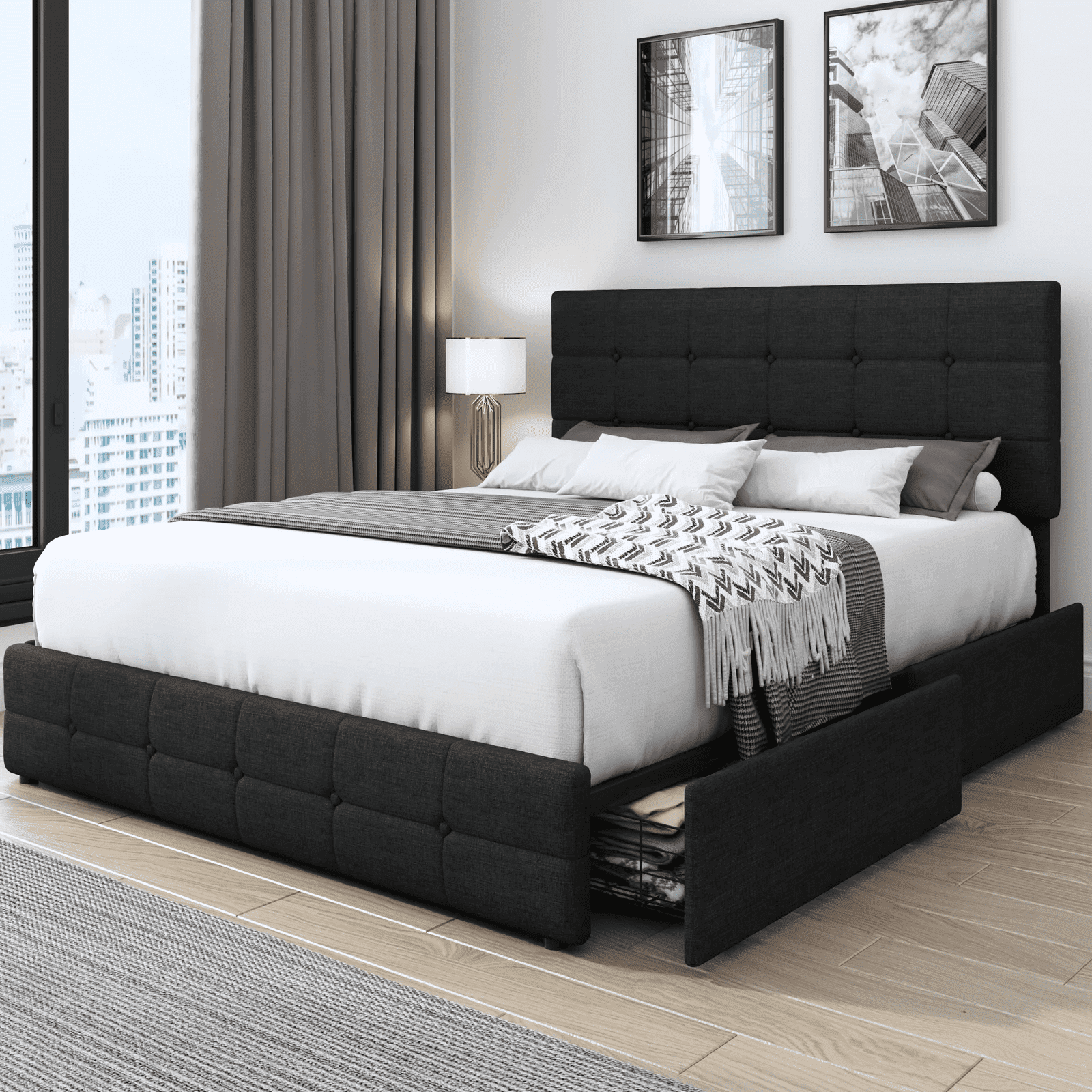 Homfa Queen Size 4 Storage Drawers Bed Frame Square Tufted Upholstered Platform Bed with Adjustable Headboard Black