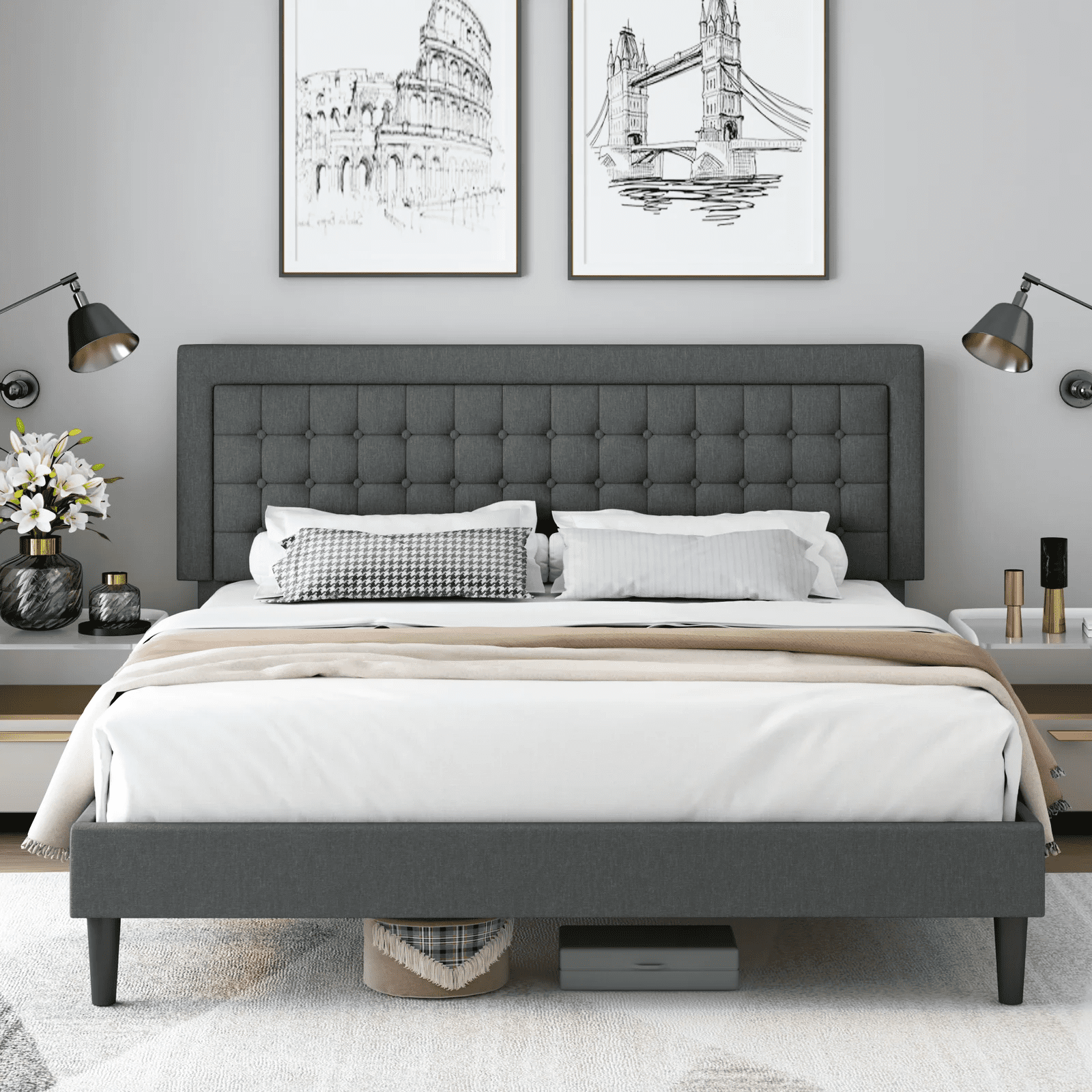 Homfa Queen Size Bed Frame, Modern Platform Bed Frame with Button ...