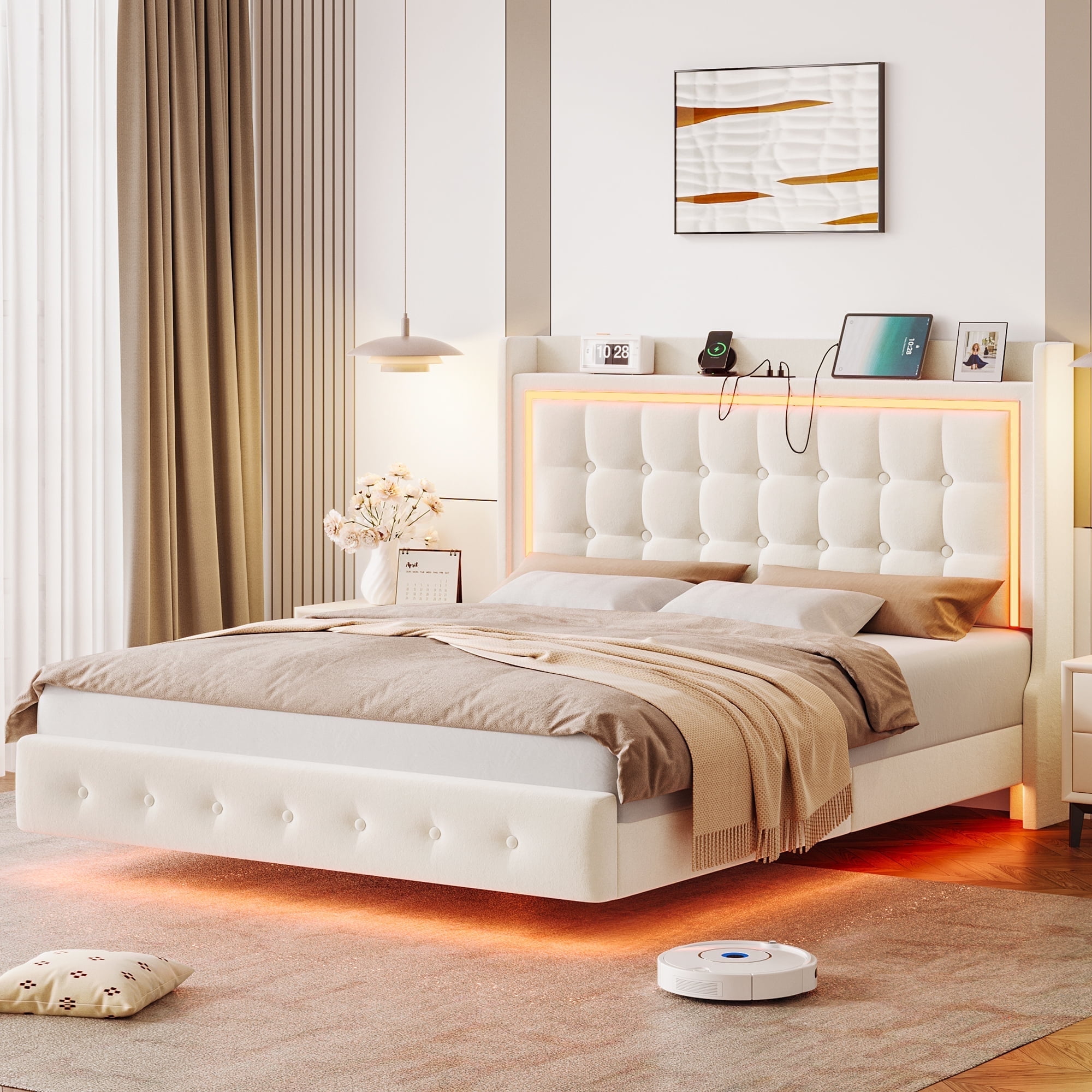 Homfa Queen Size Floating Bed with RGB LED Lights & Charging Station ...