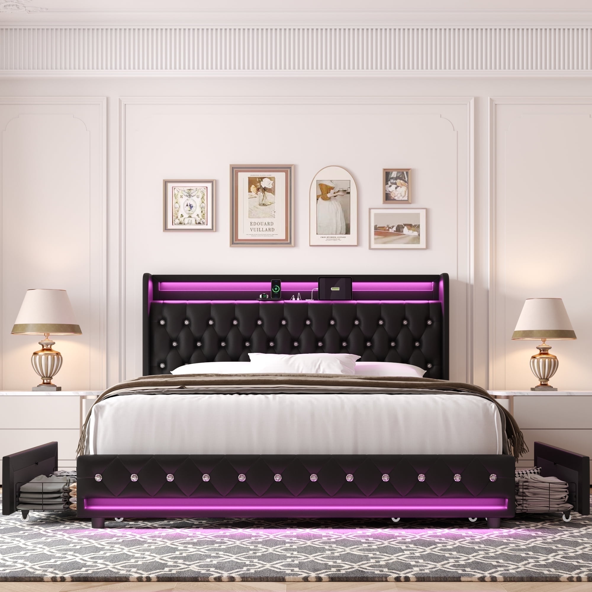 Homfa Queen Size LED Bed Frame with 4 Storage Drawers, Modern Wingback ...
