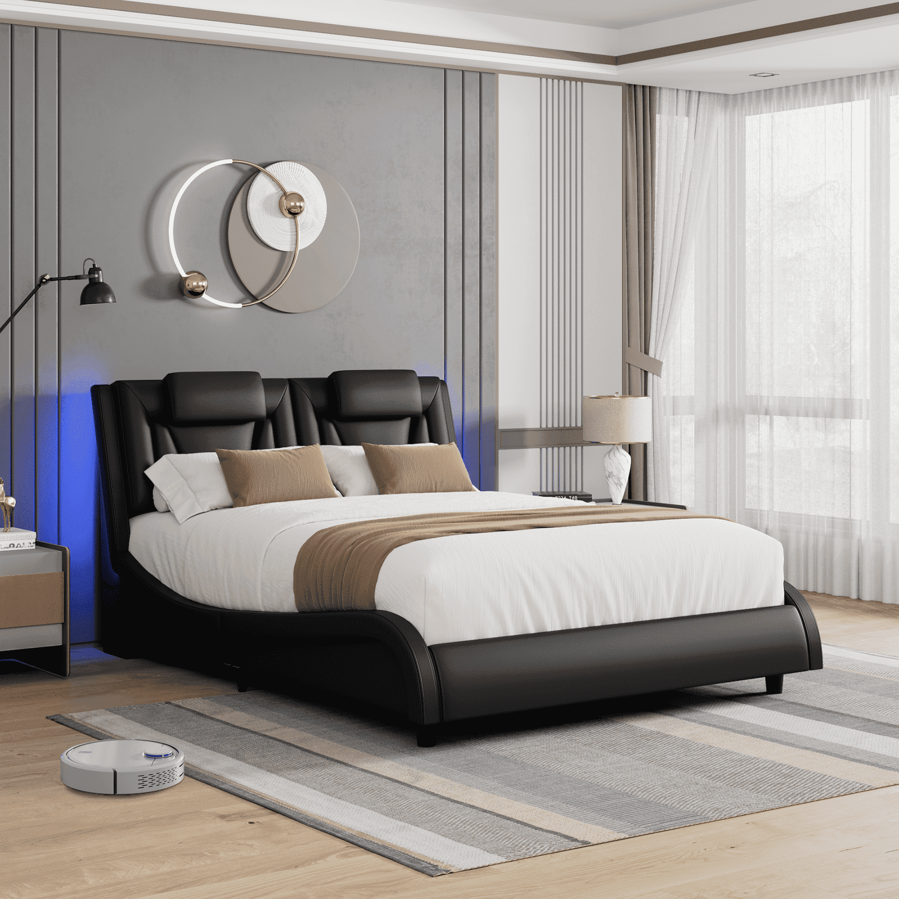 Homfa Queen Size LED Bed Frame with Adjustable Headboard Black PU ...