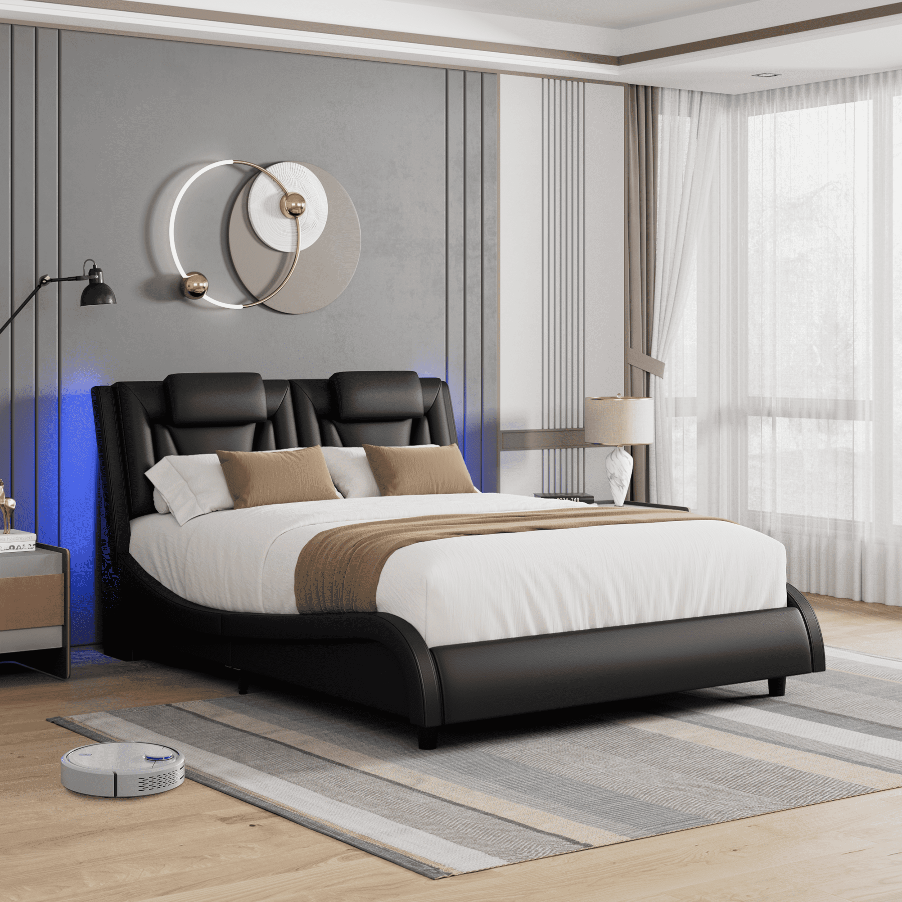 Homfa Queen Size LED Bed Frame, PU Leather Curved Upholstered Platform ...