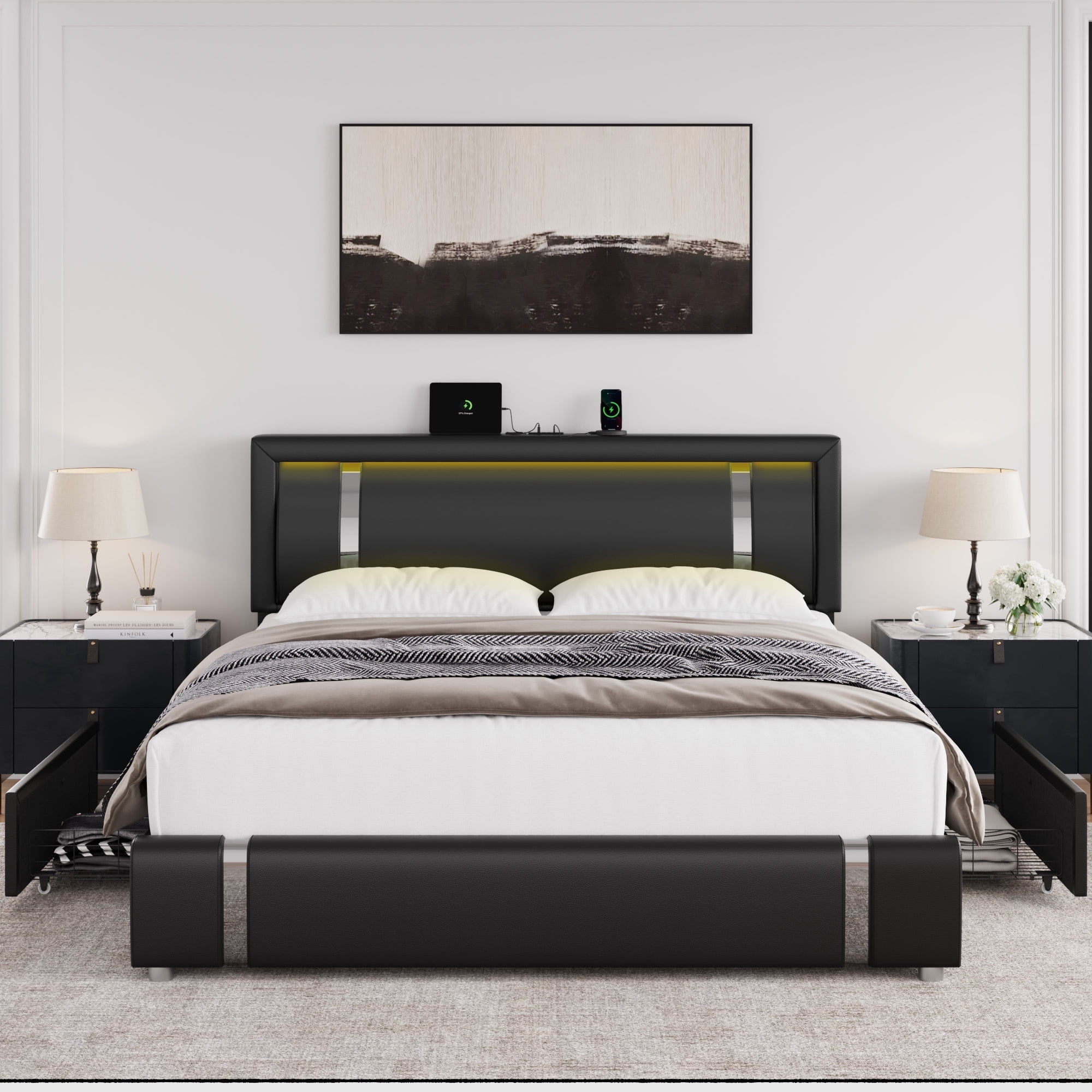 Homfa Queen Size LED Bed Frame with 2 Storage Drawers, Modern Leather ...