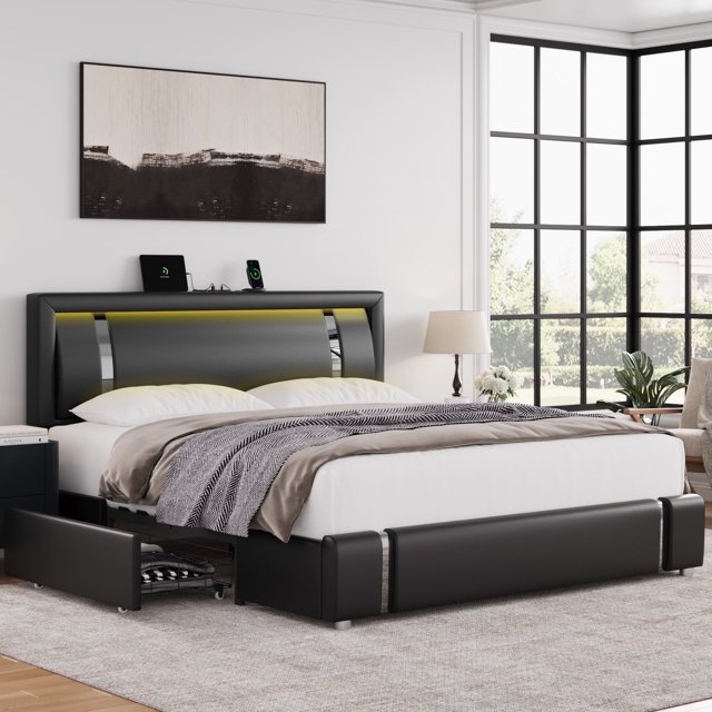 Homfa Queen Size LED Bed Frame with Underneath Storage, USB Ports ...