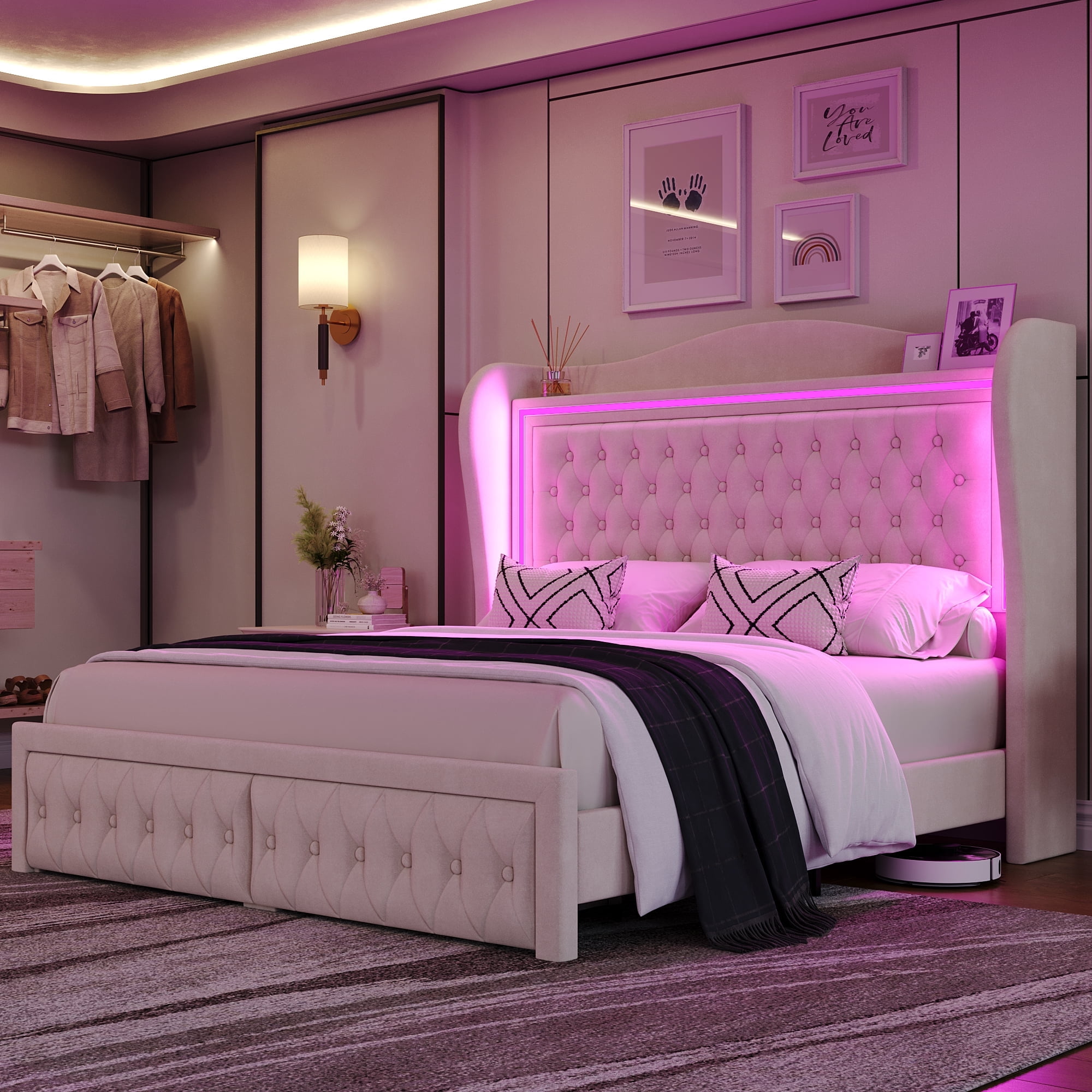 Homfa Queen Size LED Bed Frame with Velvet Upholstered Wingback ...