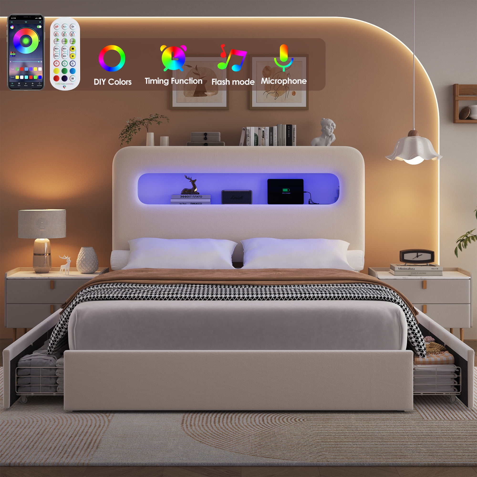 Homfa Queen Size LED Bed Frame with Storage Headboard, 4 Drawers Velvet ...