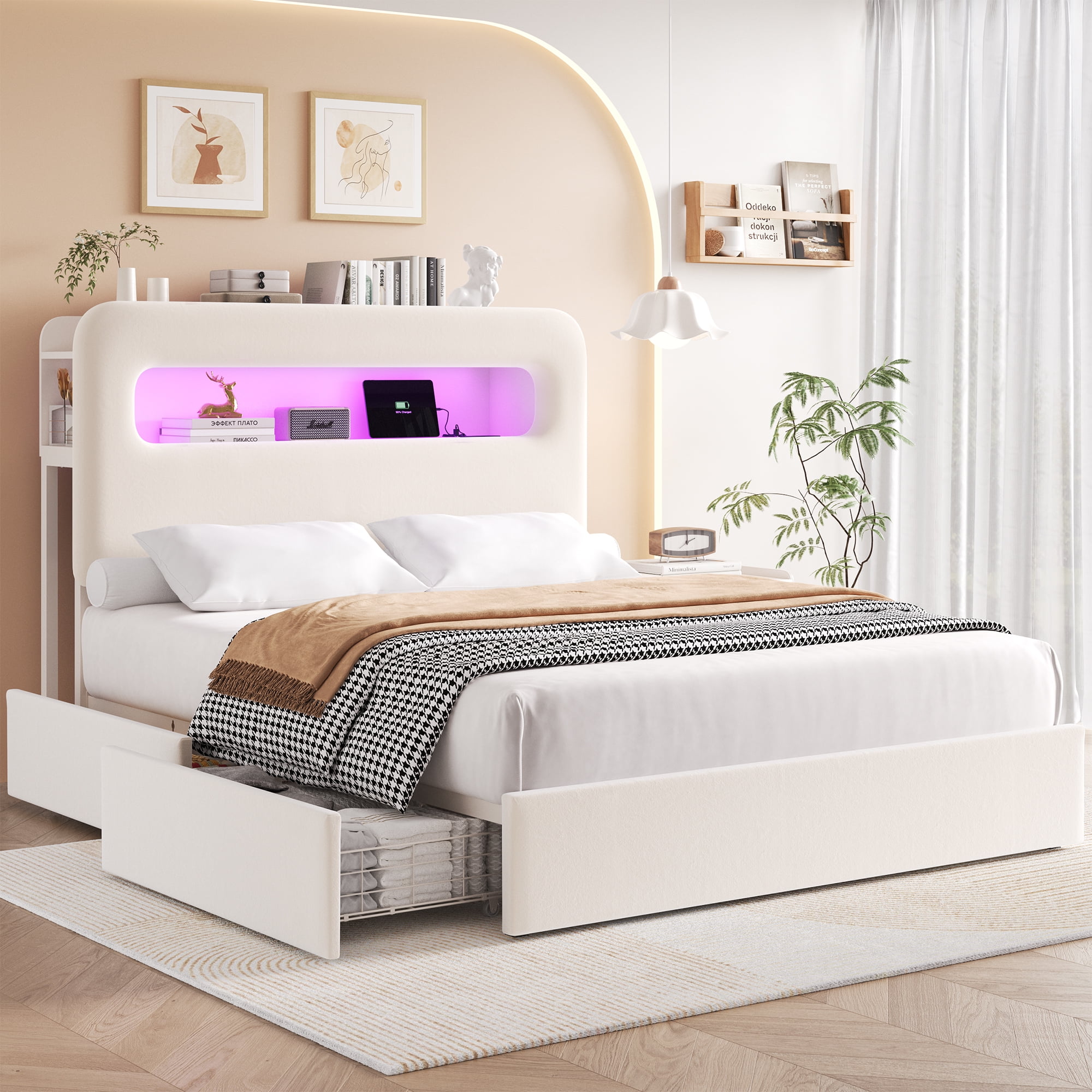 Homfa Queen Size LED Bed Frame with Storage Headboard, 4 Drawers Velvet ...