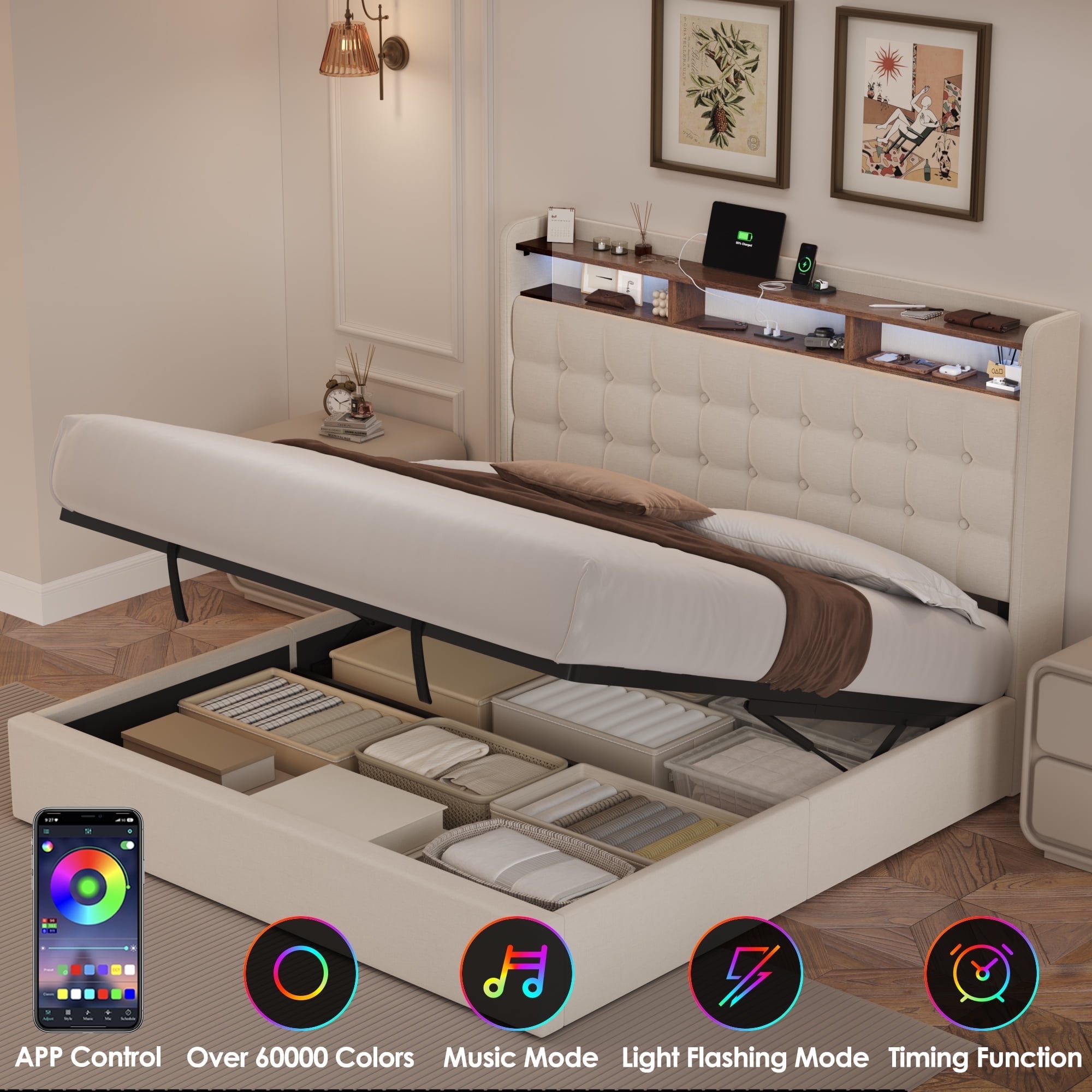 Homfa Queen Bed Frame, Lift-Up Storage, Linen Upholstered, LED ...