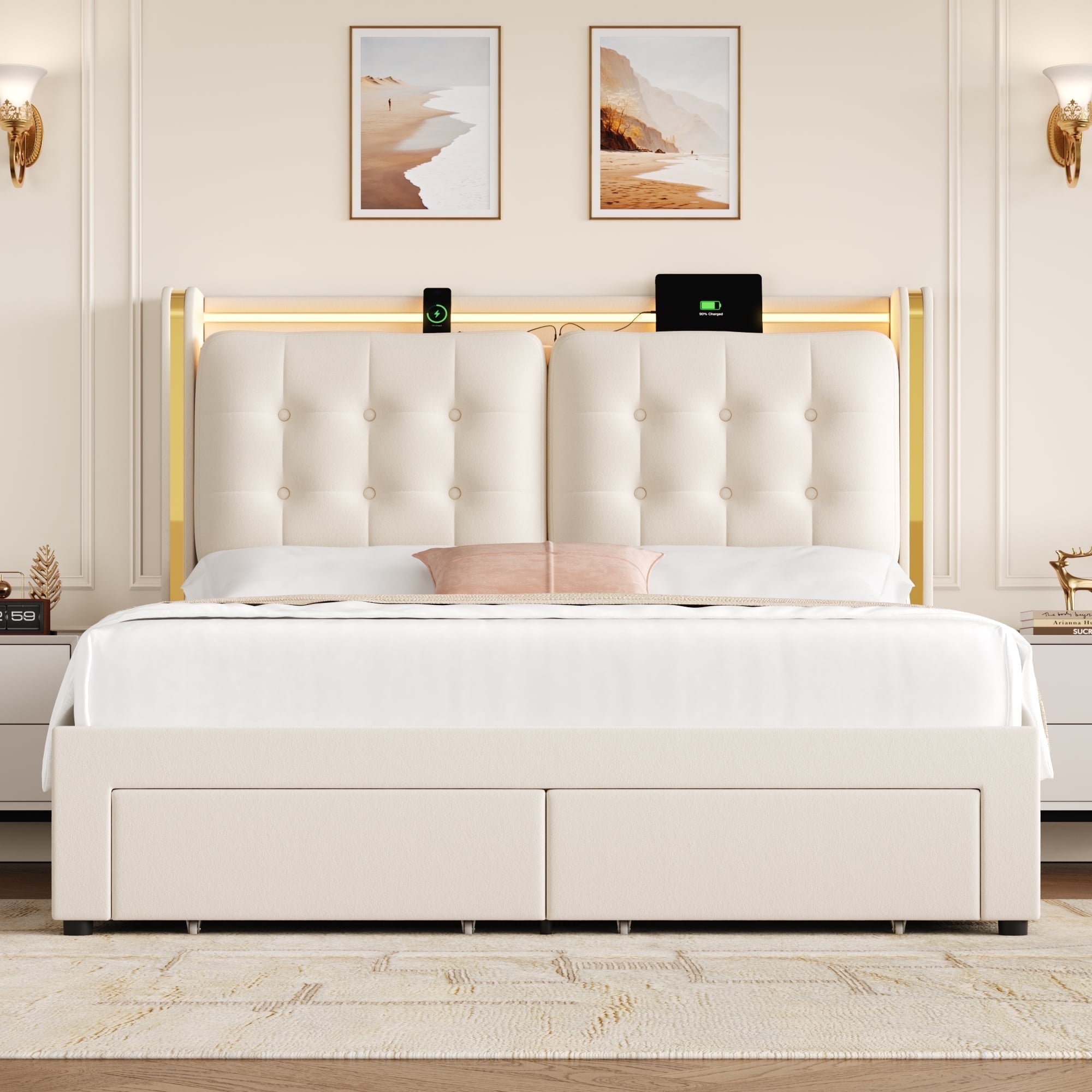 Homfa Queen Size Wingback Upholstered Storage Bed Frame, Velvet ...
