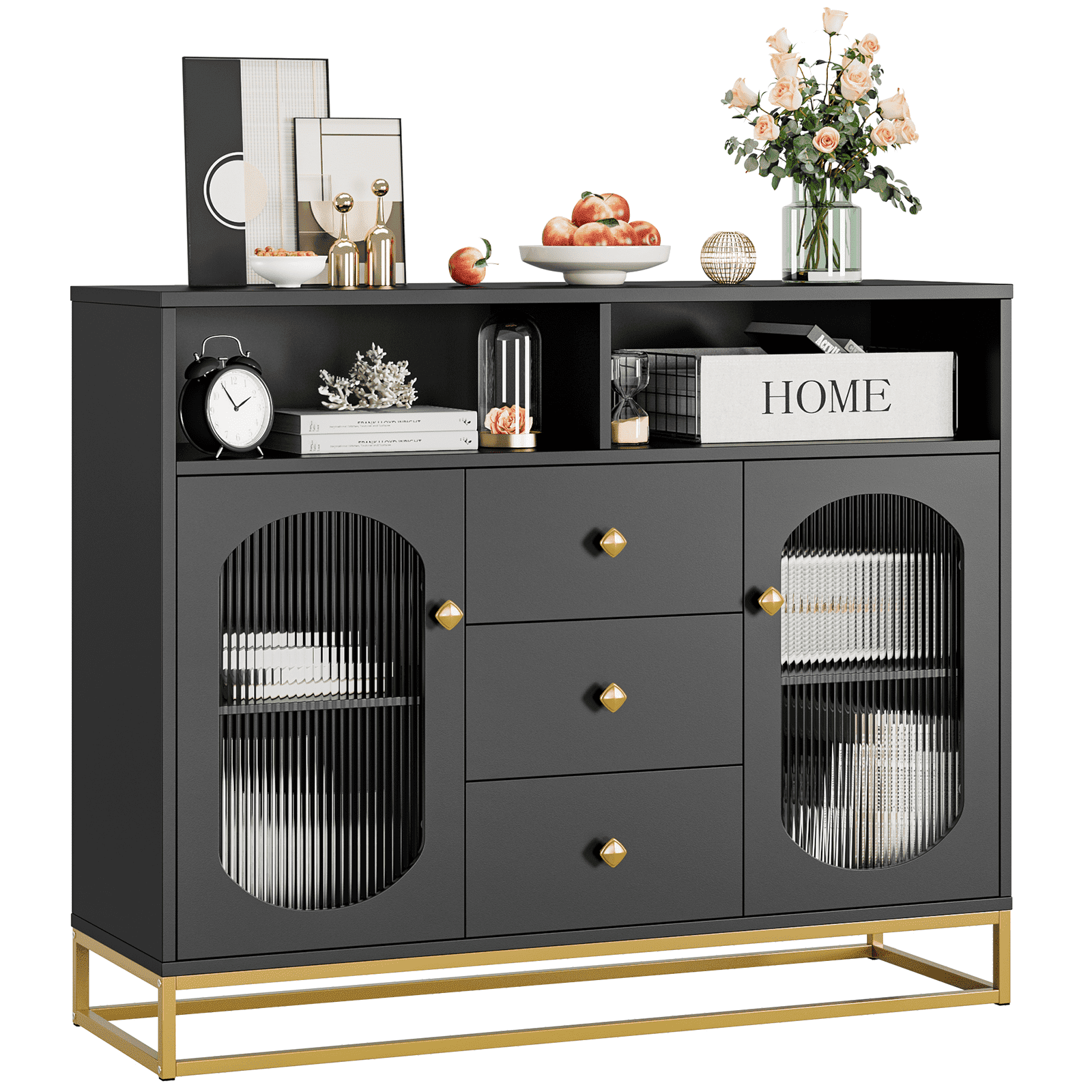 Homfa 47.2''W Wood Kitchen Sideboard, 3 Drawers and Glass Doors, Buffet Storage Server Furniture ...