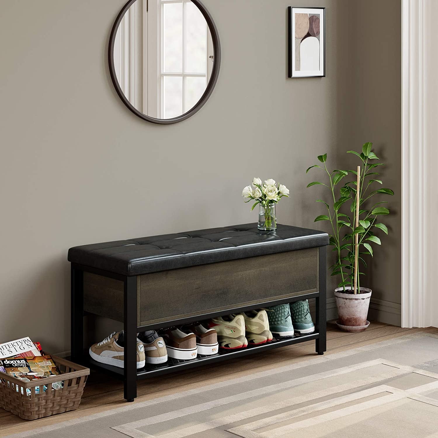 Homfa Entryway Storage Bench with Cushioned Seat, Flip Top Shoe Storage ...