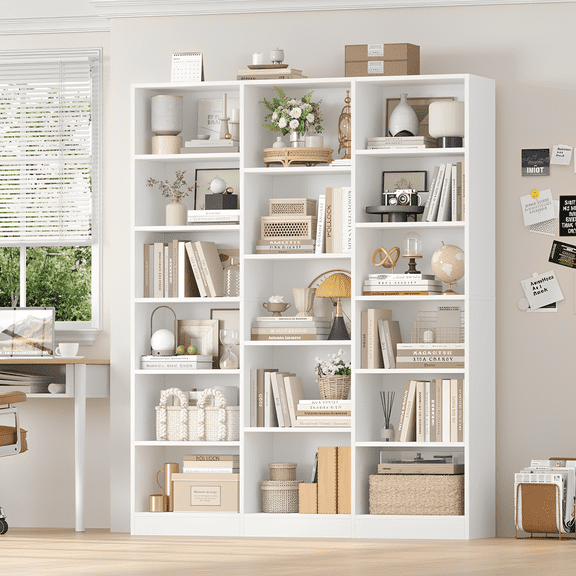 71" Triple Wide Bookshelf, 6 Tier Tall Bookcase with Storage, Large ...
