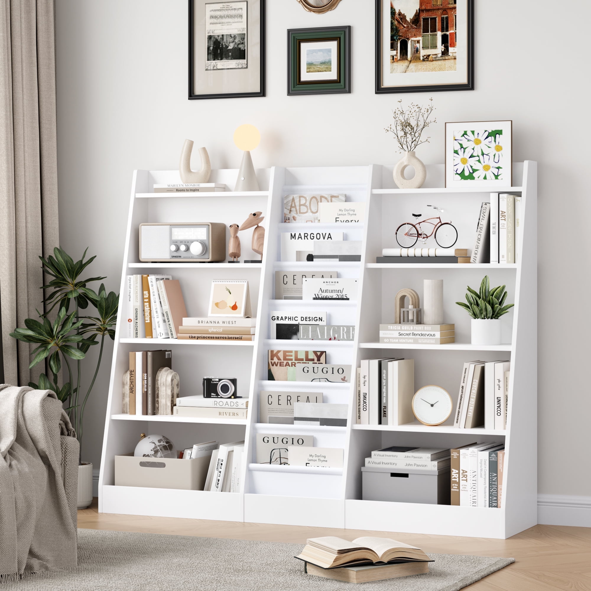 Homfa Triple Width Bookcase, Kid Bookshelf with 8 Canvas Sleeves ...