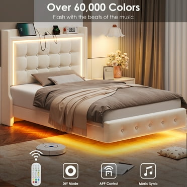 Full Size Led Bed Frame with 1 Type-C&1 USB Port&LED Lights Modern Faux ...