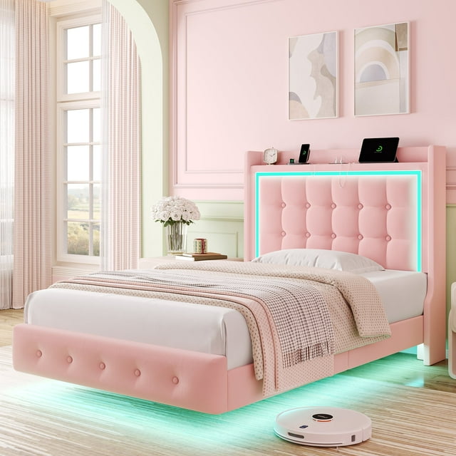 Homfa Twin Size Floating Bed Frame with RGB LED Lights Charging Station ...