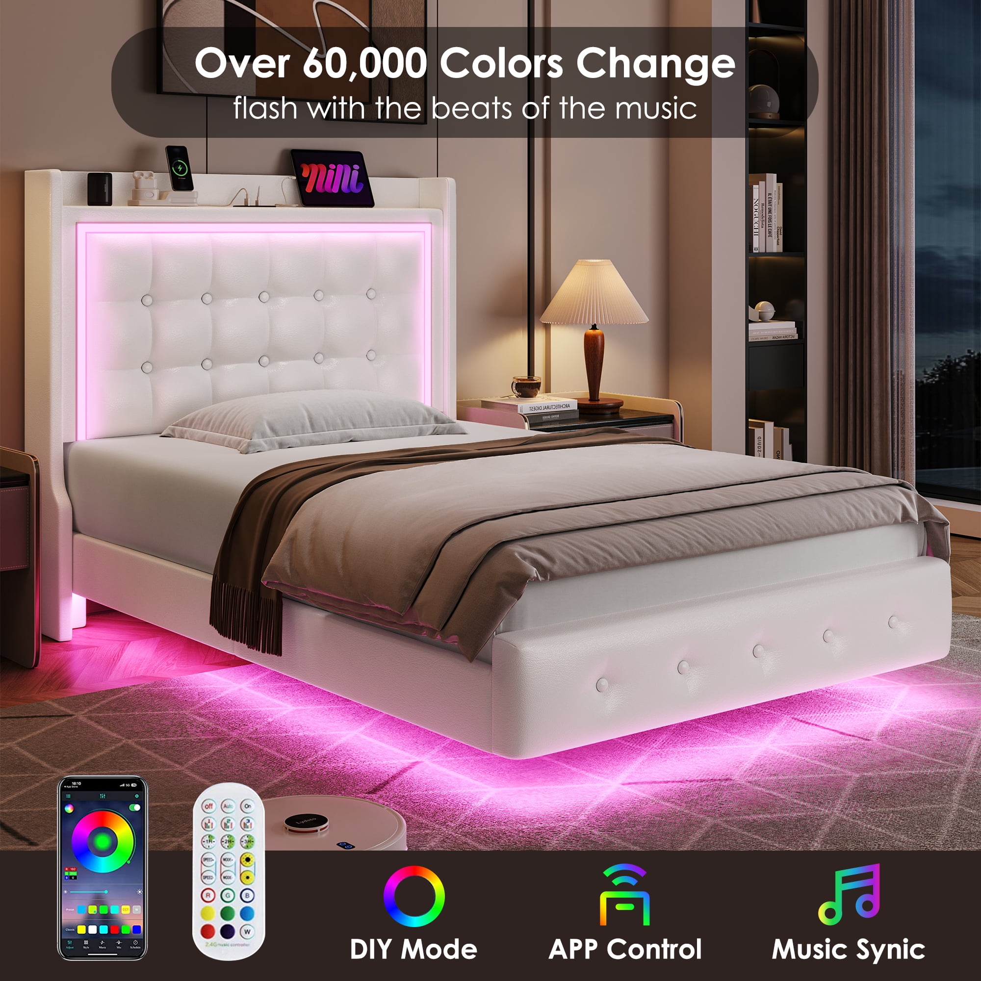 Homfa Twin Size Floating Bed Frame with LED Lights, Charging Station ...