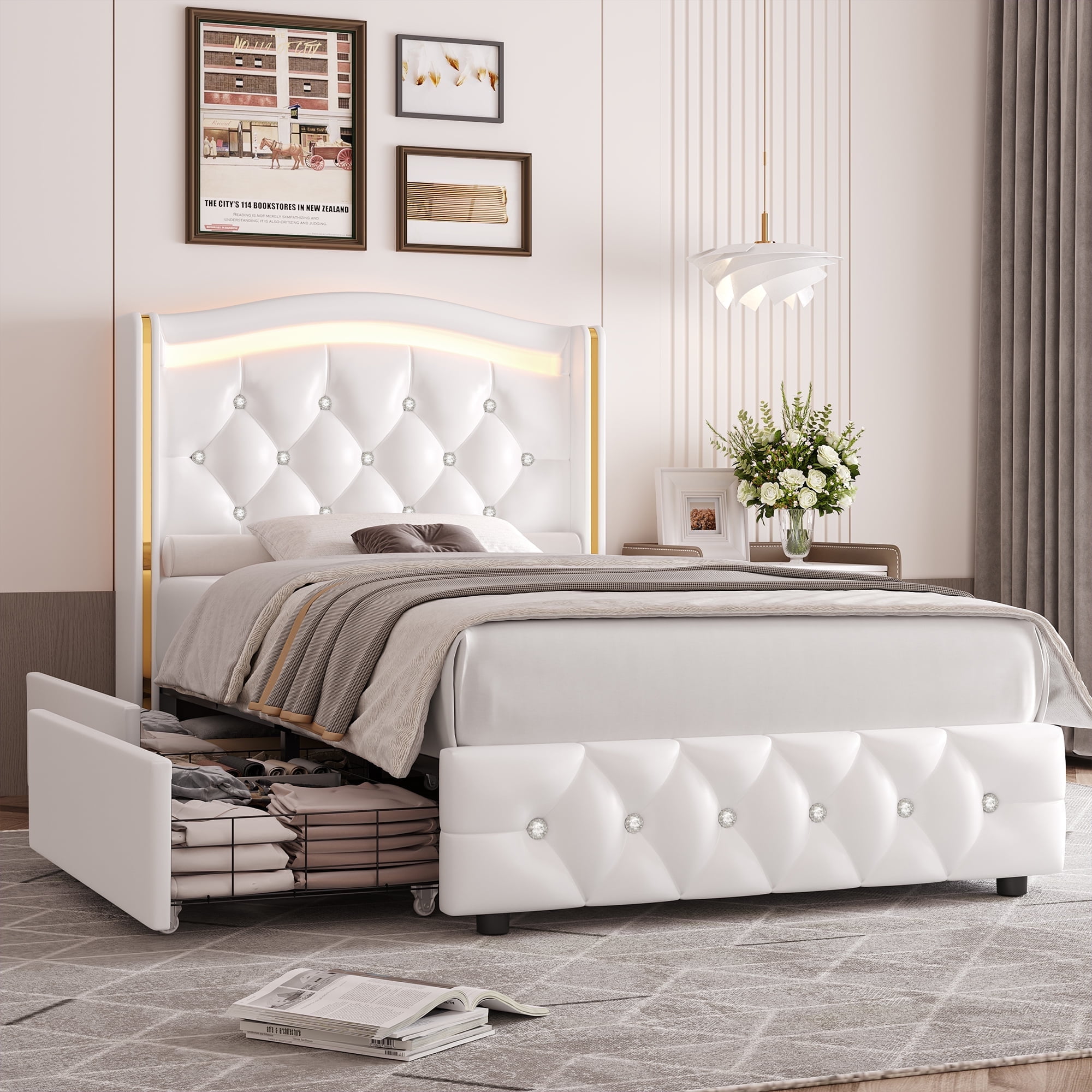 Homfa Twin Size LED Bed Frame with 4 Storage Drawers, PU Leather ...