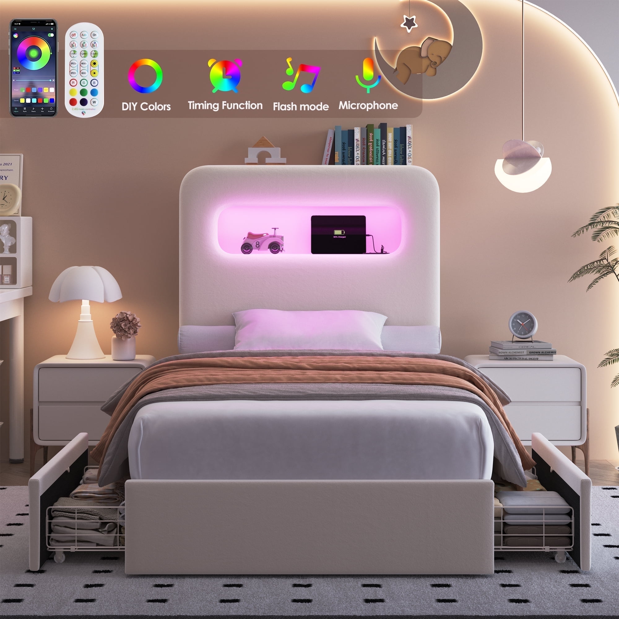 Homfa Twin Size LED Bed Frame with Storage Headboard & 2 Drawers ...