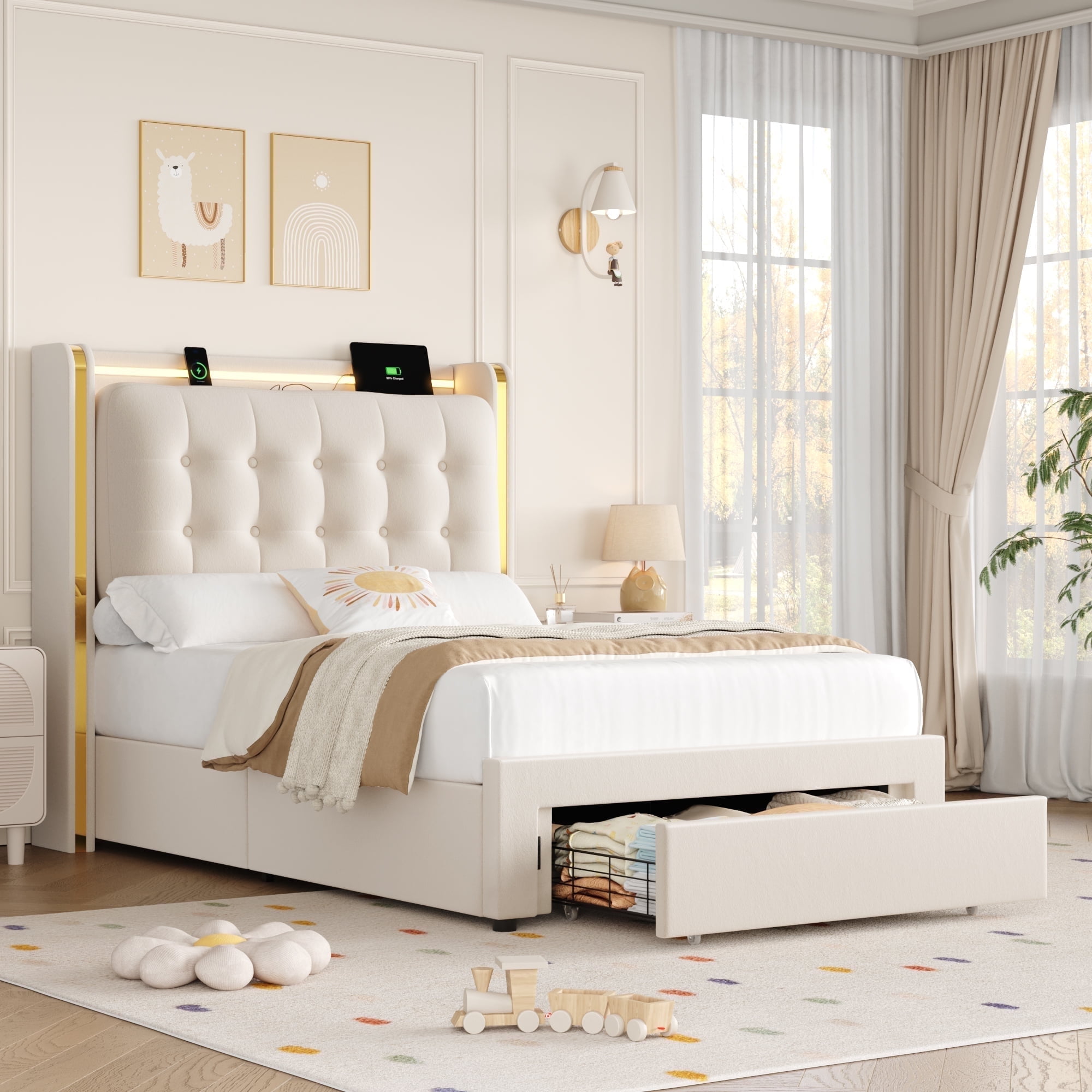 Homfa Twin Size Wingback Upholstered Storage Bed Frame, Velvet ...