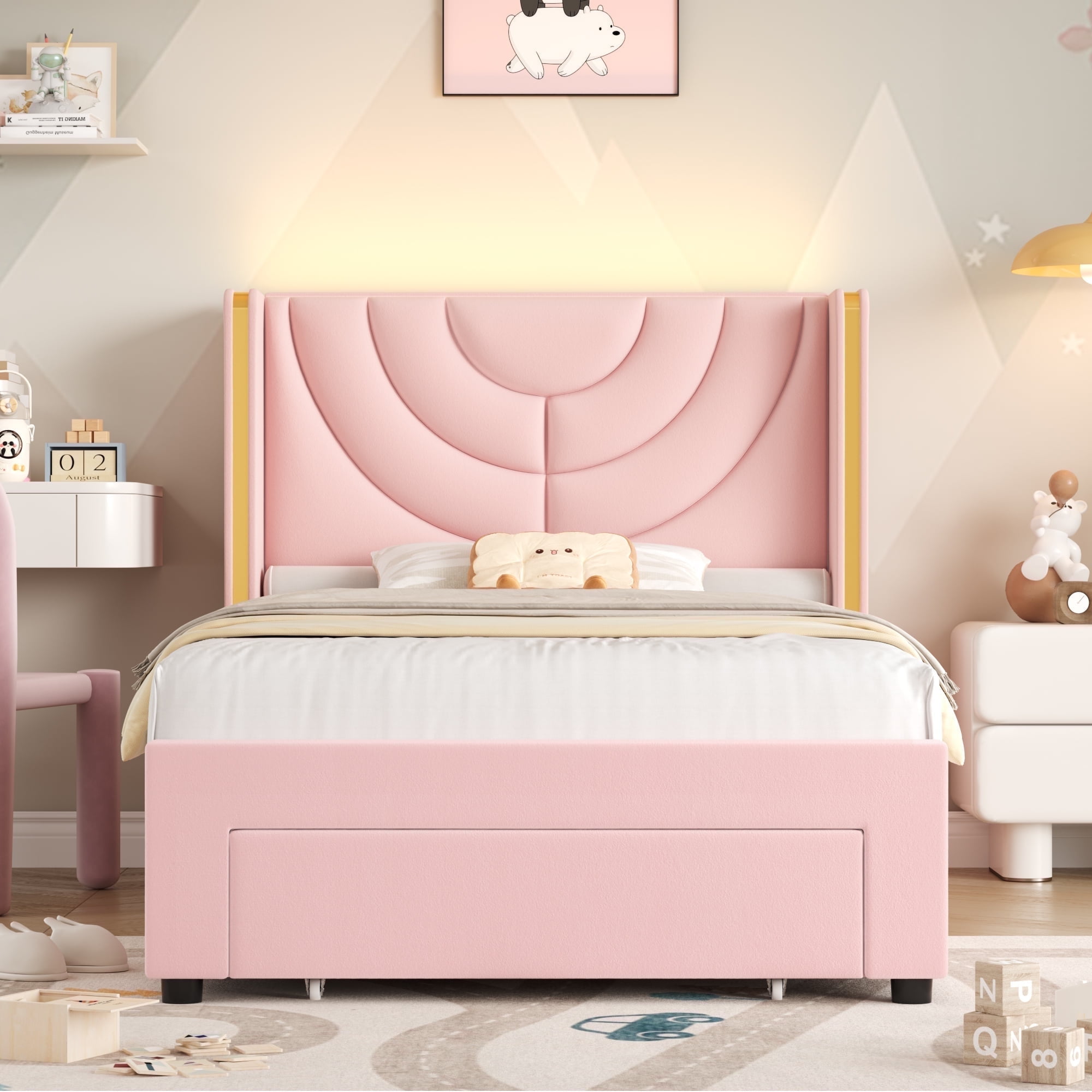Homfa Twin Size LED Bed Frame with Storage, Wingback Platform Bed with ...