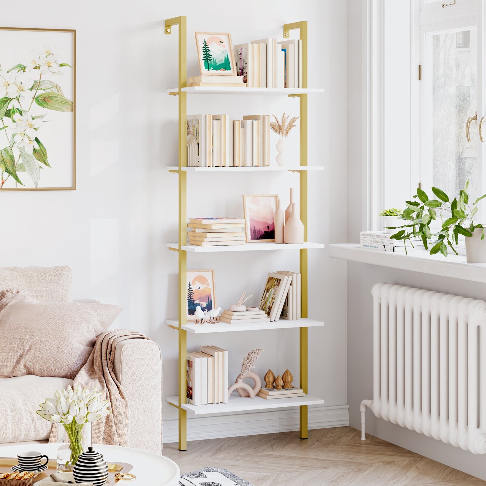 "Homfa Wall Mounted Ladder Bookshelf, 5 Tier Shelves, White Finish ...