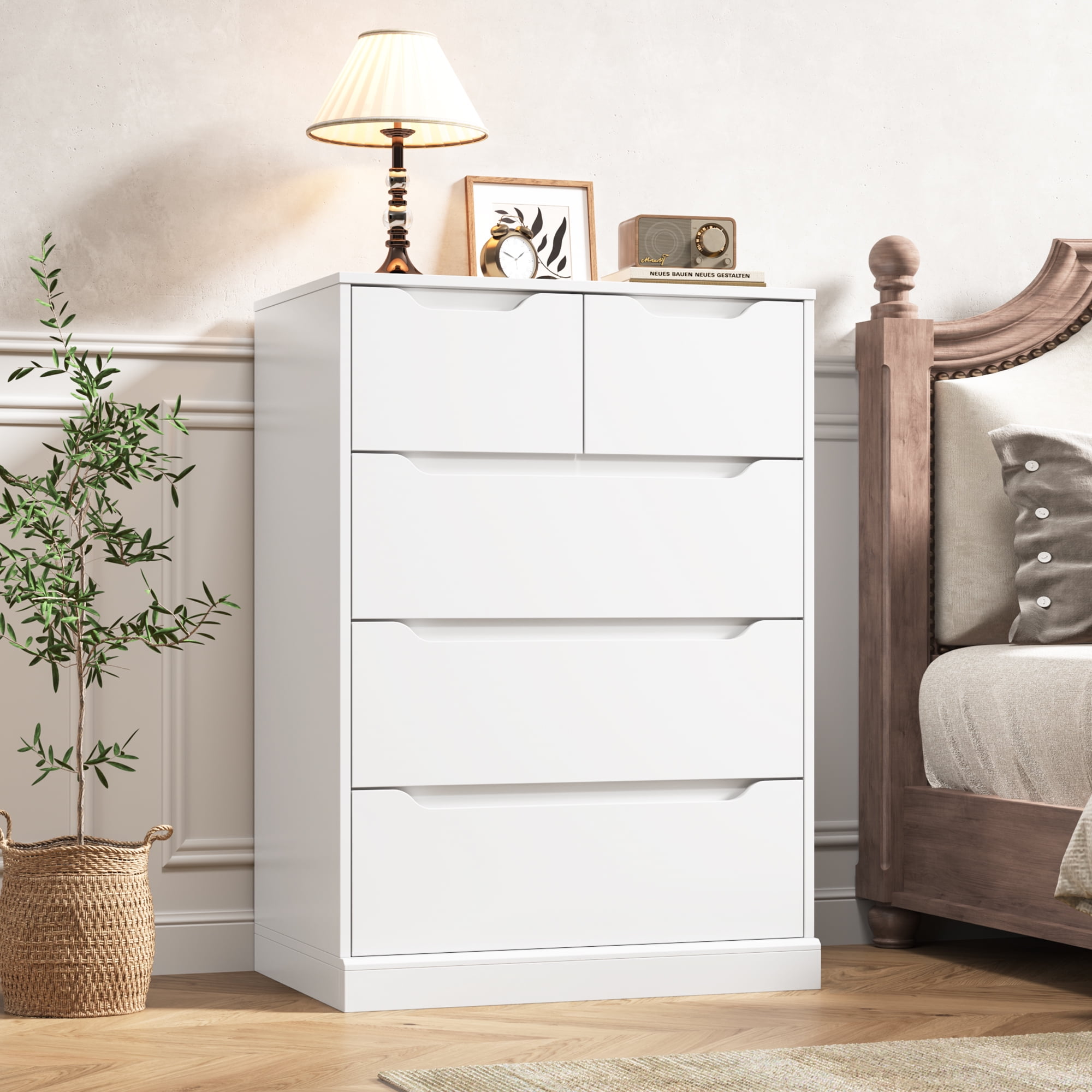 Homfa Tall White Dresser, 5-Drawer Vertical Chest, Handleless Wood ...