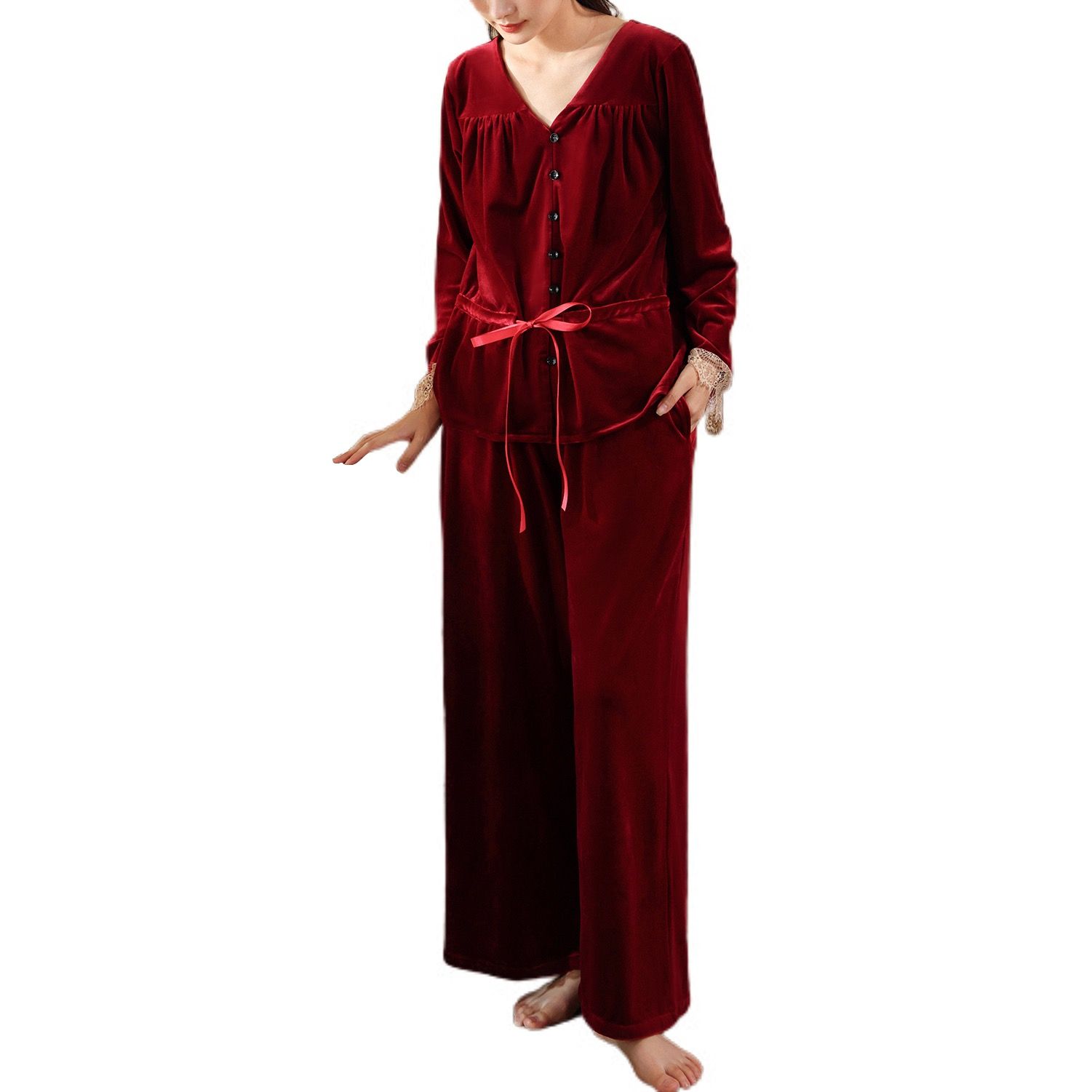 Defitshape Women's 2 Piece Velvet Pajamas Warm V Neck Long Sleeve Shirt ...