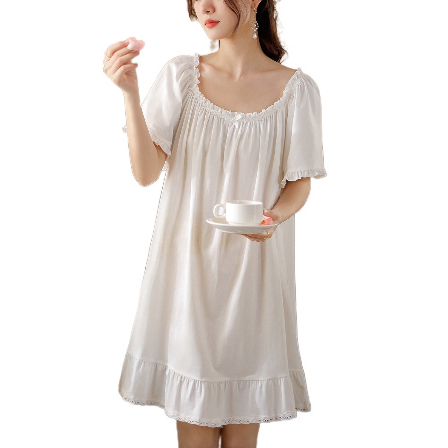 Defitshape Women's Cotton Nightgown Soft Short Pajama Dress Princess ...
