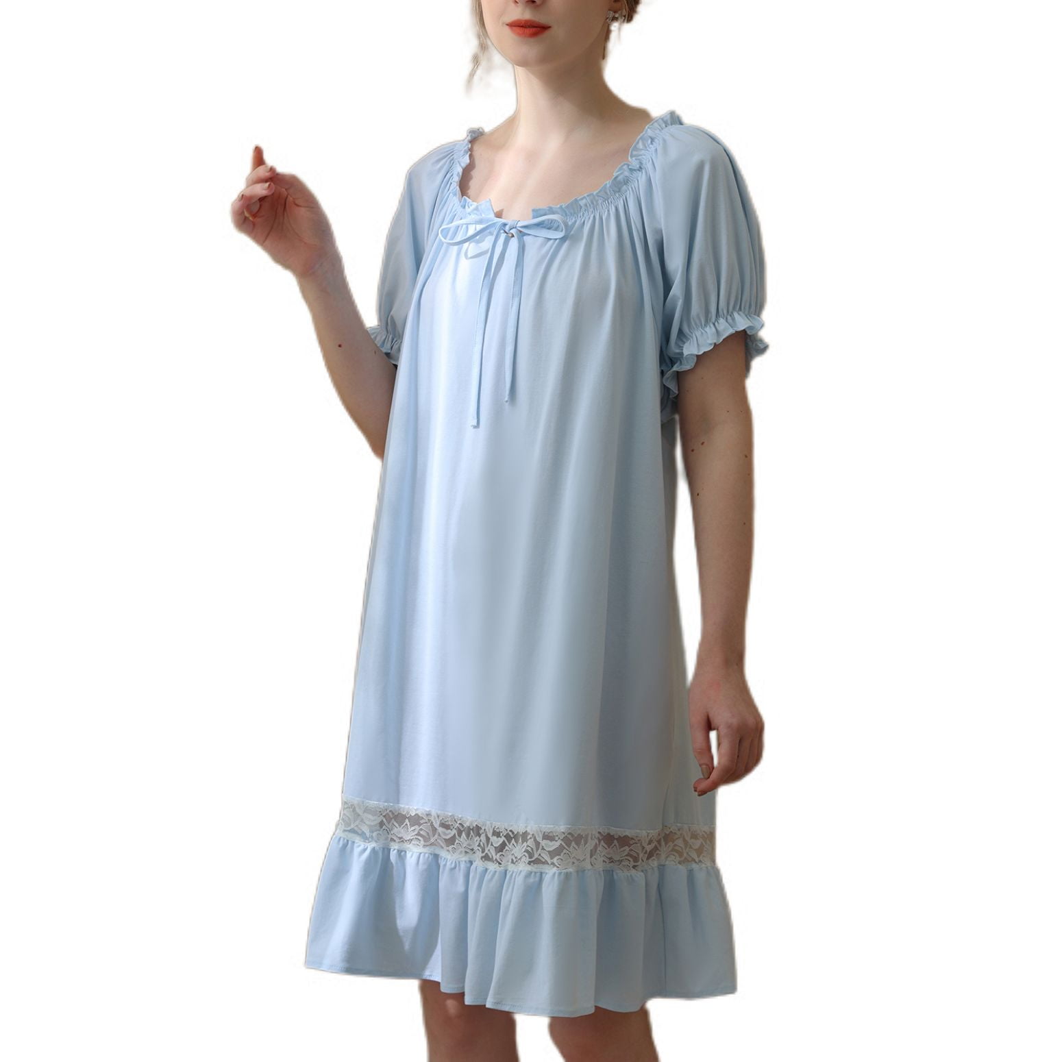 Homgro Women's Cotton Pajama Dress Cute Summer Short Sleeve Ruffle ...