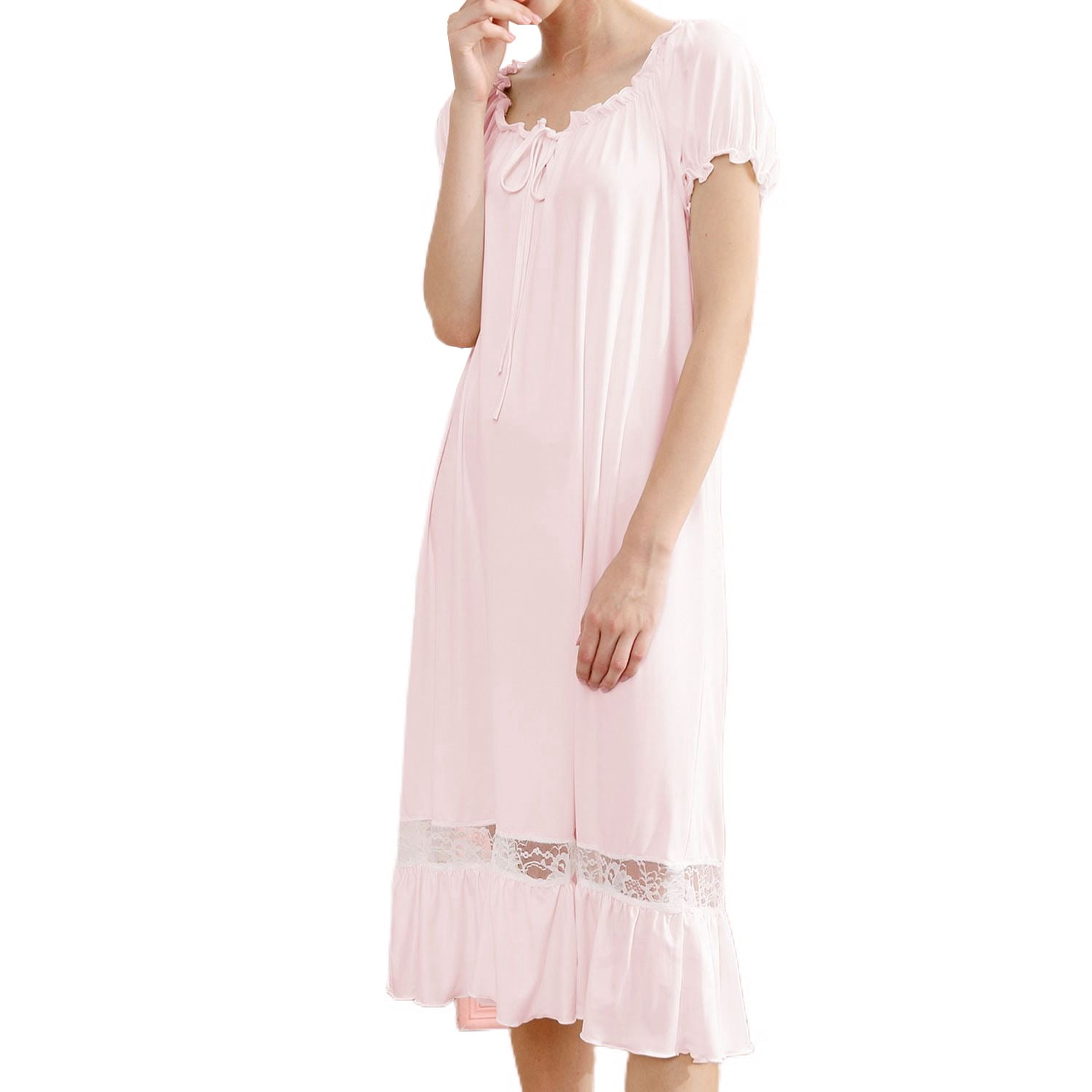 Defitshape Women's Cotton Pajama Dress Soft Long Frilly Nightgown Cute ...