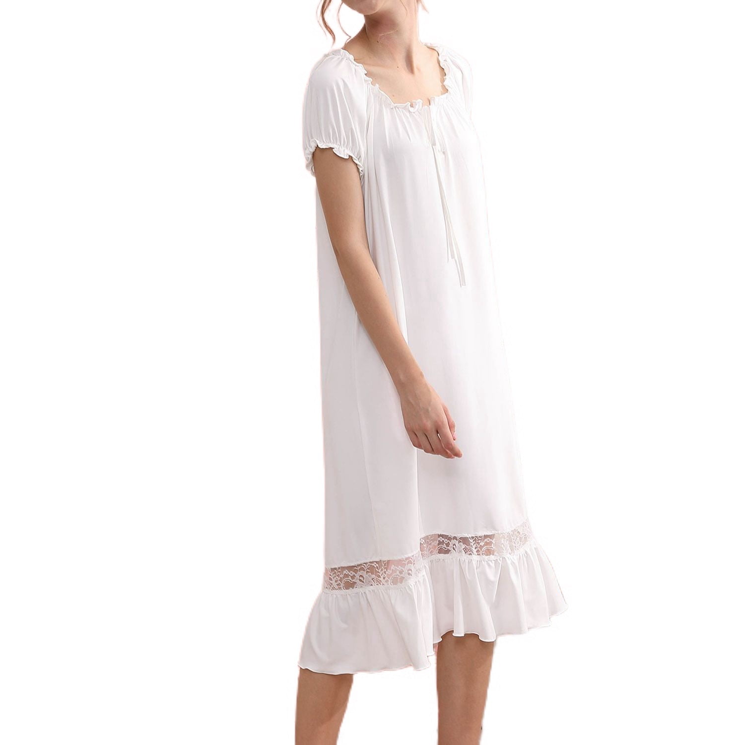 Defitshape Women's Cotton Pajama Dress Soft Long Frilly Nightgown Cute ...
