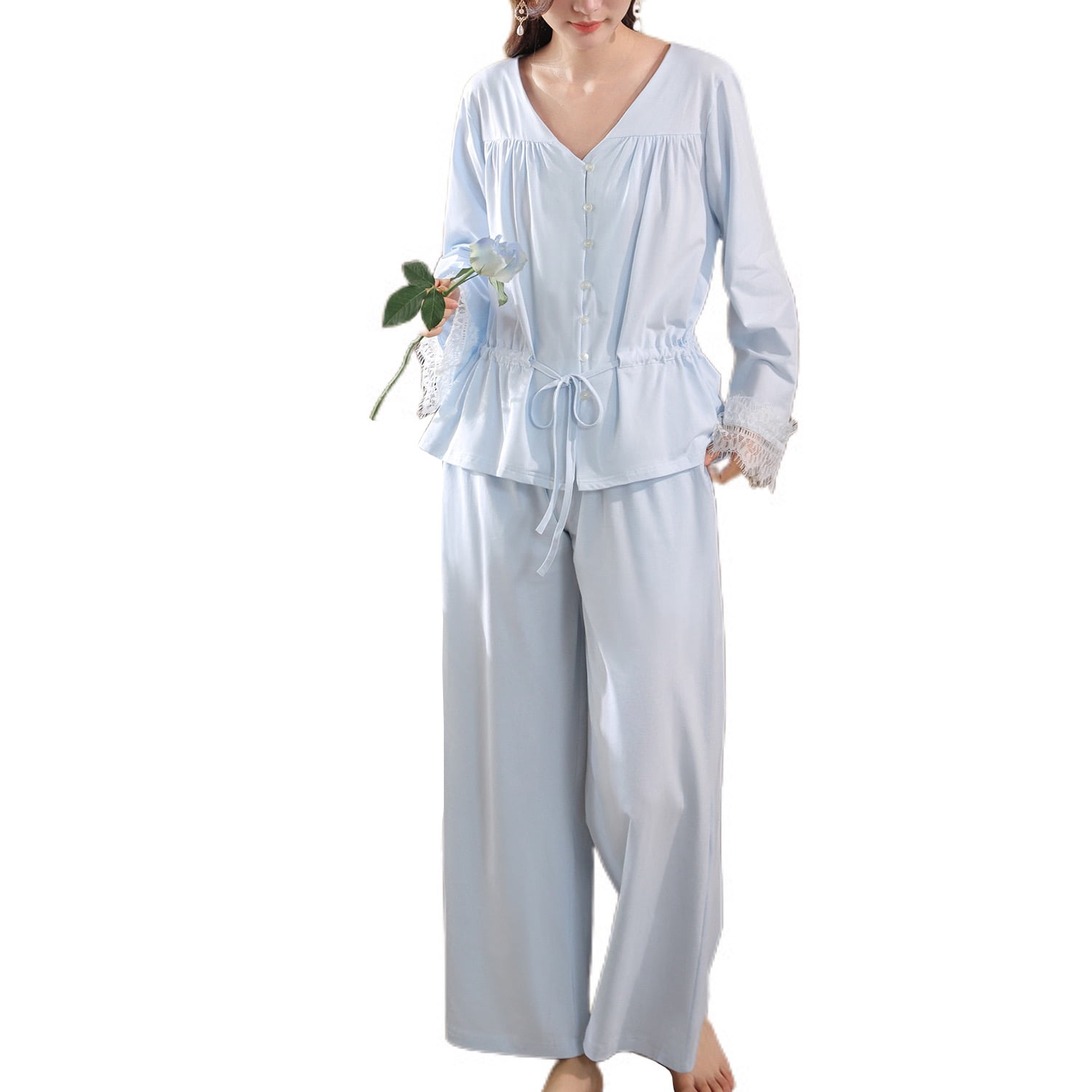 Defitshape Women's Cotton Pajama Set Soft Lace V Neck Button Down Long ...