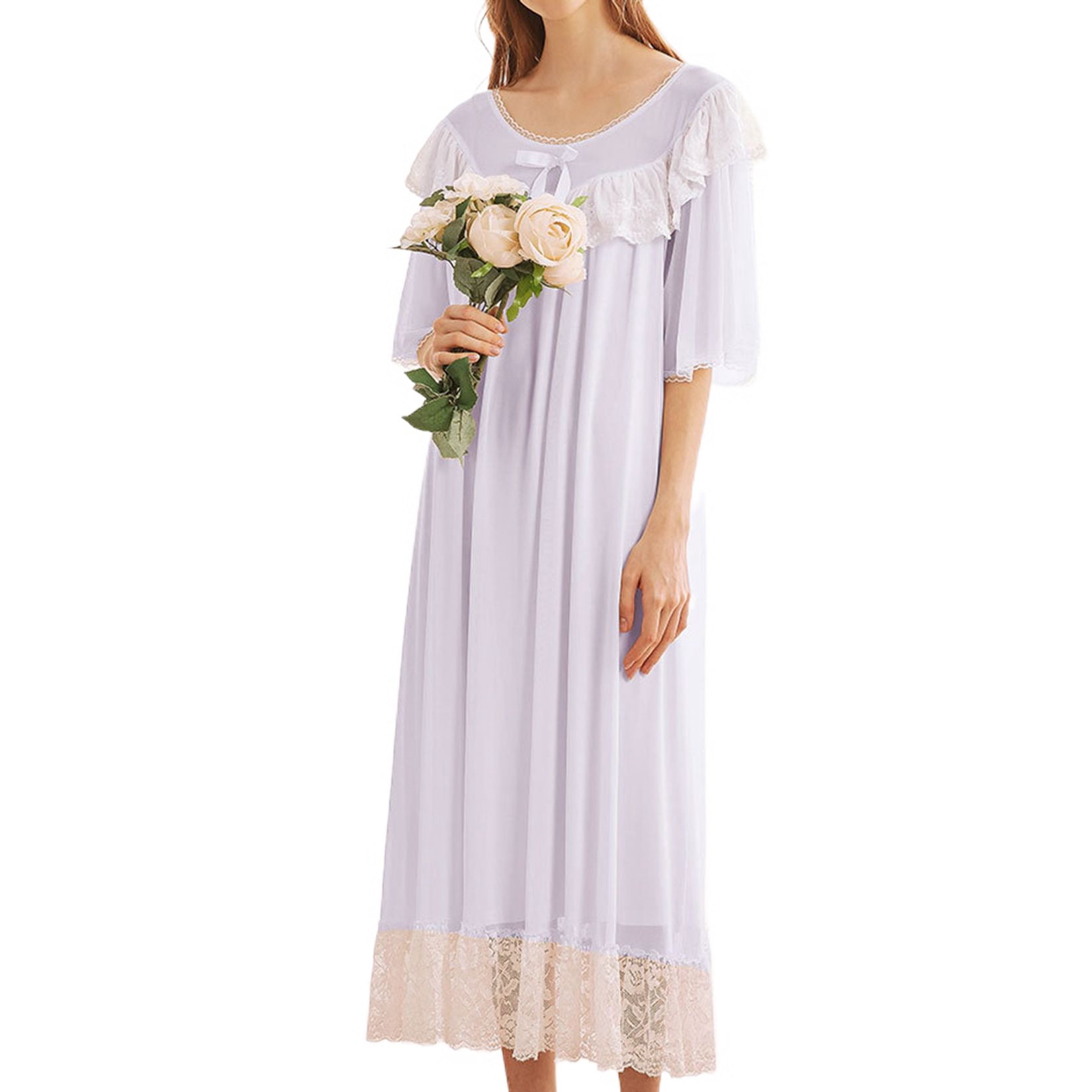 Defitshape Women's Cotton Victorian Nightgown Frilly Hem Soft Lace Cute ...