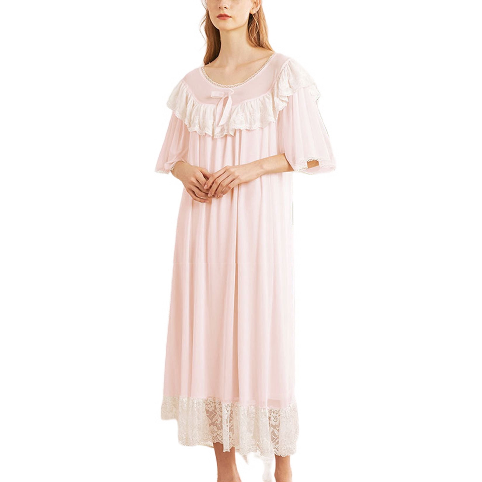 Defitshape Women's Cotton Victorian Nightgown Frilly Hem Soft Lace Cute ...