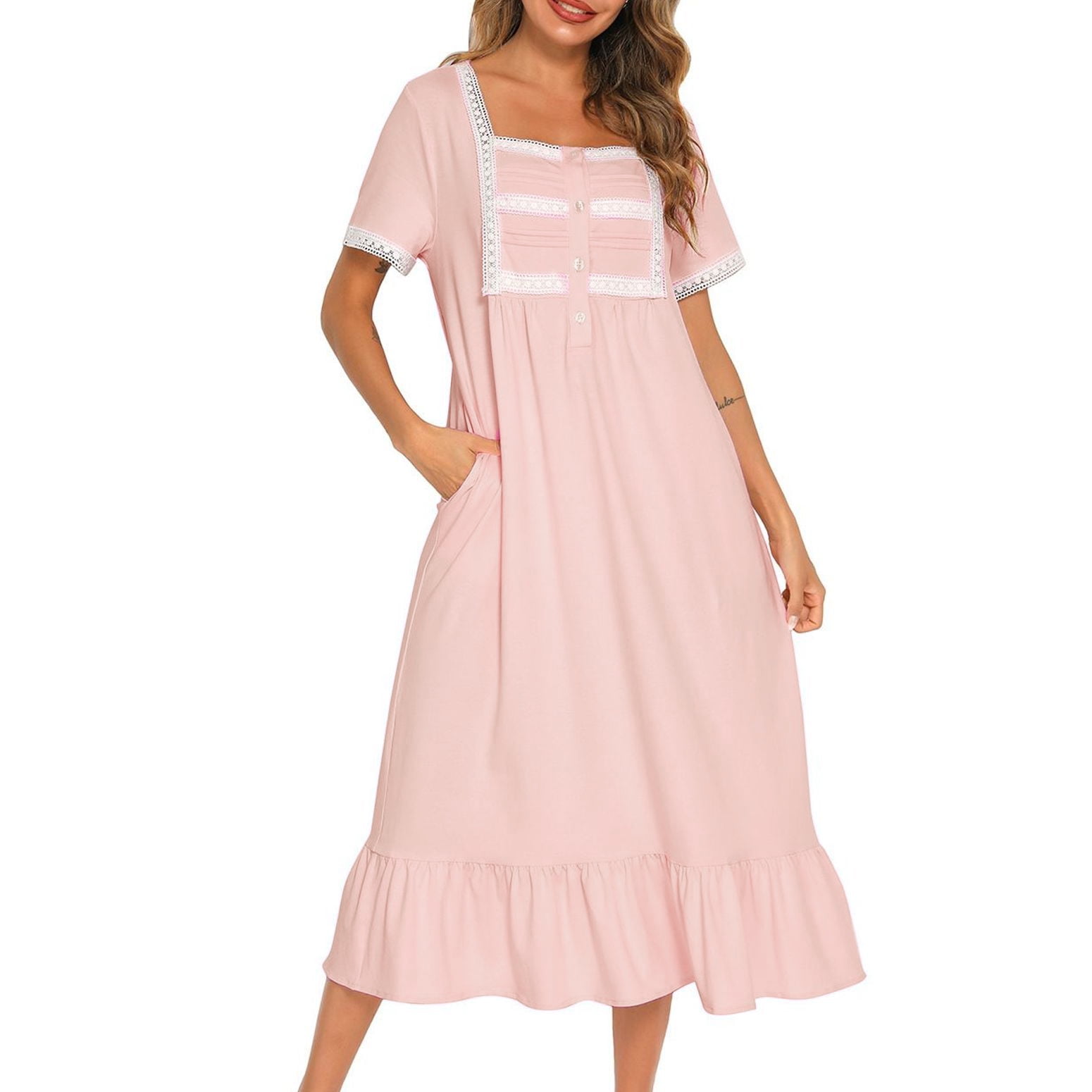 Defitshape Women's Cotton Victorian Nightgown Short Sleeve Sleep Dress ...