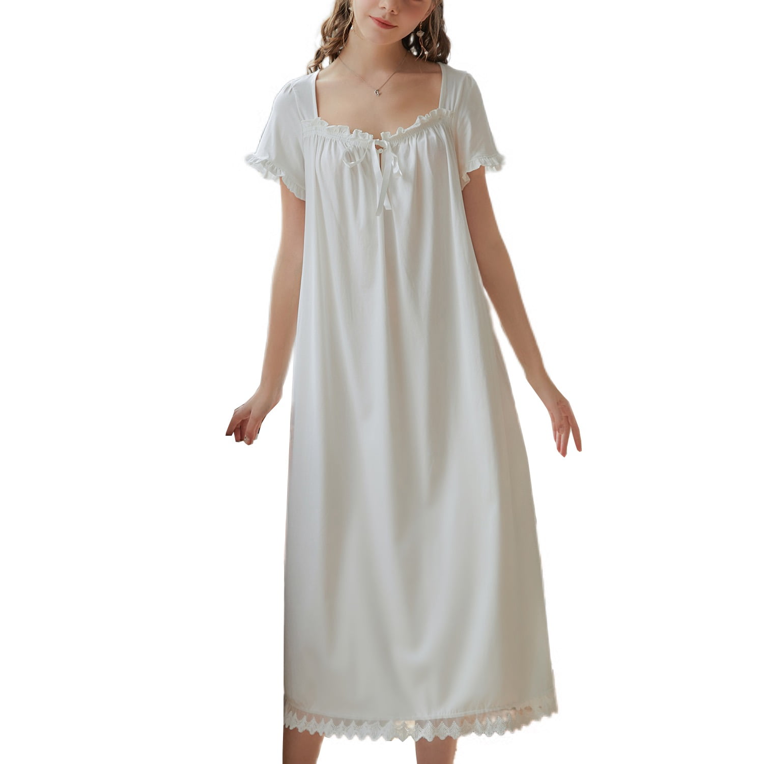 Defitshape Women's Cotton Victorian Nightgown Summer Soft Ruffle Short ...