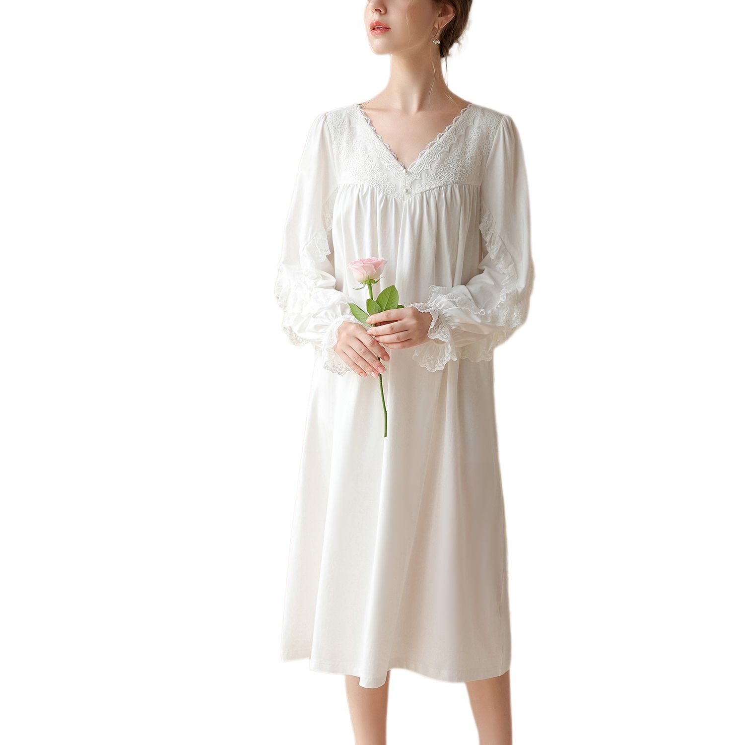Defitshape Women's Cotton Victorian Nightgown Vintage Elegant Nightwear ...