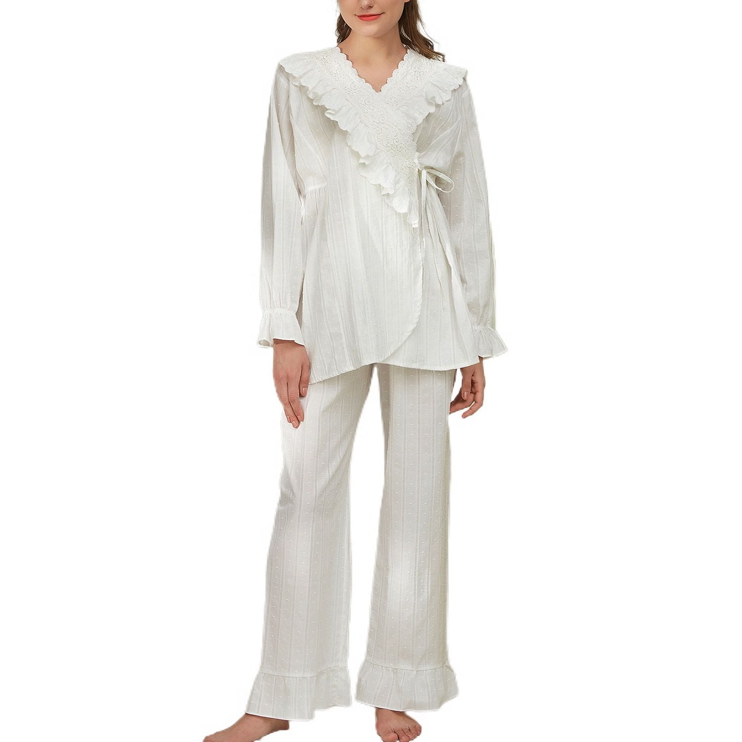 Defitshape Women's Cotton Victorian Pajama Set Soft 2 Piece Long Sleeve ...