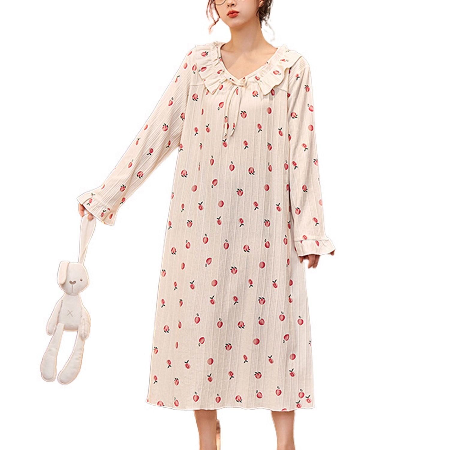 Defitshape Women's Cute Long Sleeve Nightgown Padded Midi Sleep Dress ...