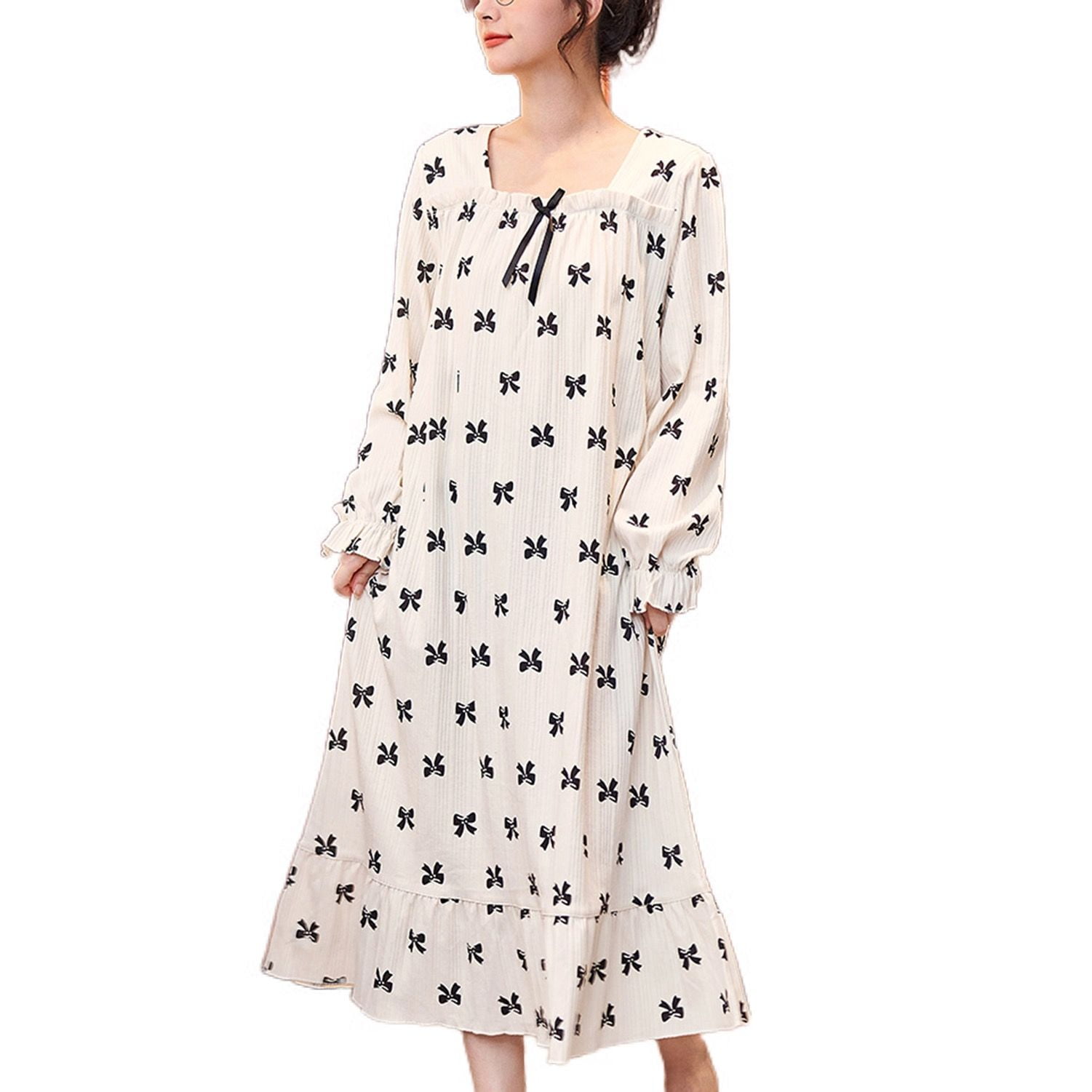 Defitshape Women's Cute Long Sleeve Nightgown Padded Midi Sleep Dress ...