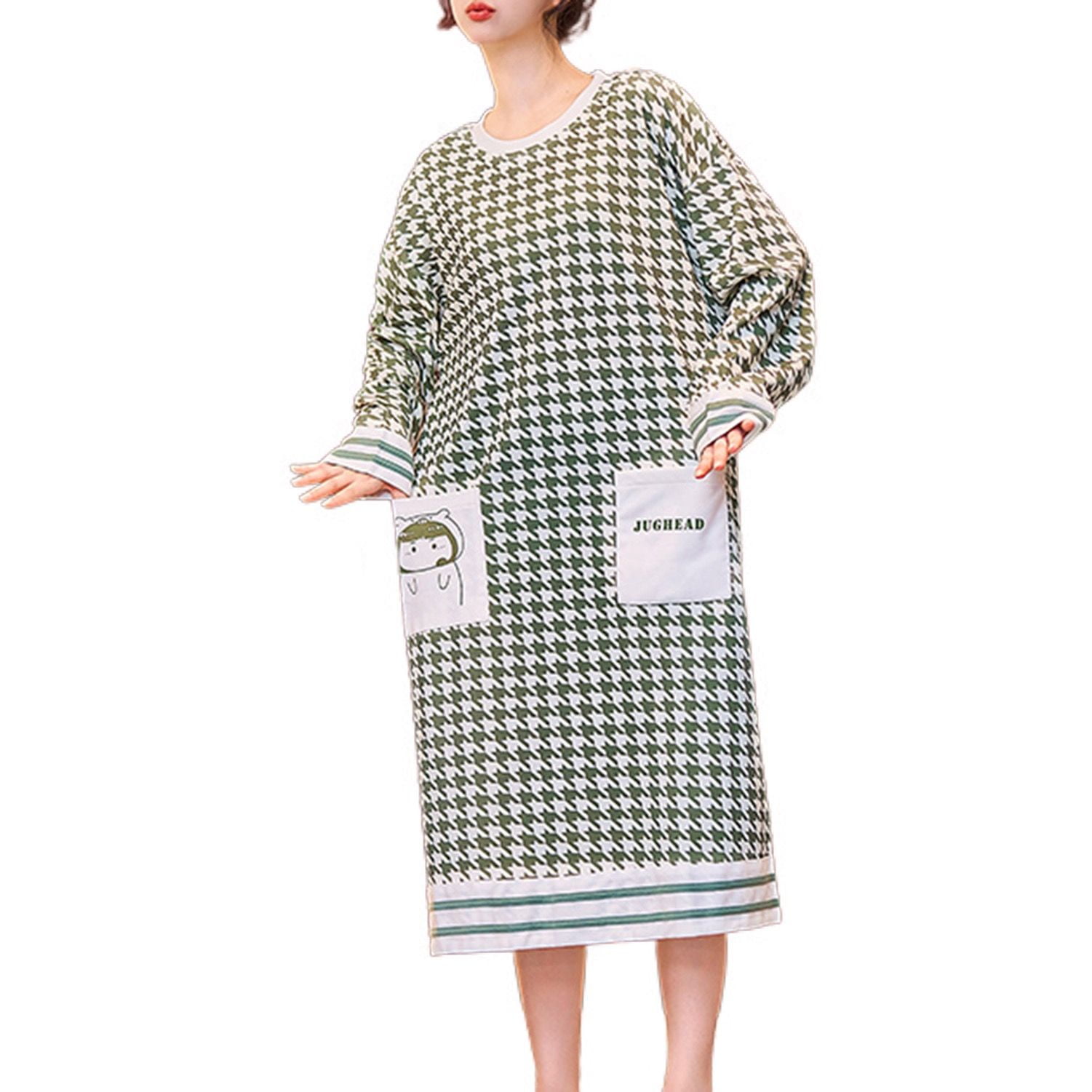 Defitshape Women's Cute Long Sleeve Nightgown Padded Midi Sleep Dress ...