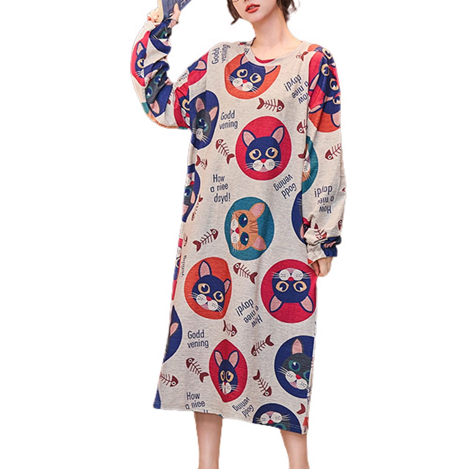 Defitshape Women's Cute Long Sleeve Nightgown Padded Midi Sleep Dress ...