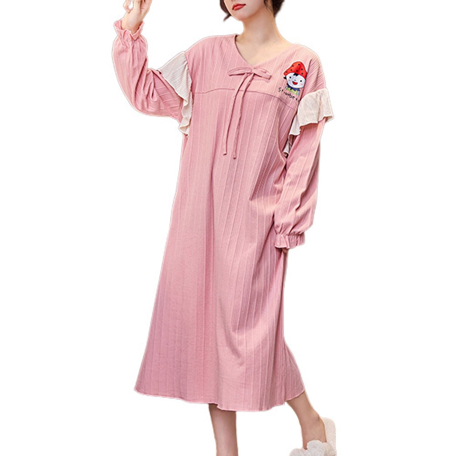 Defitshape Women's Cute Long Sleeve Nightgown Padded Midi Sleep Dress ...