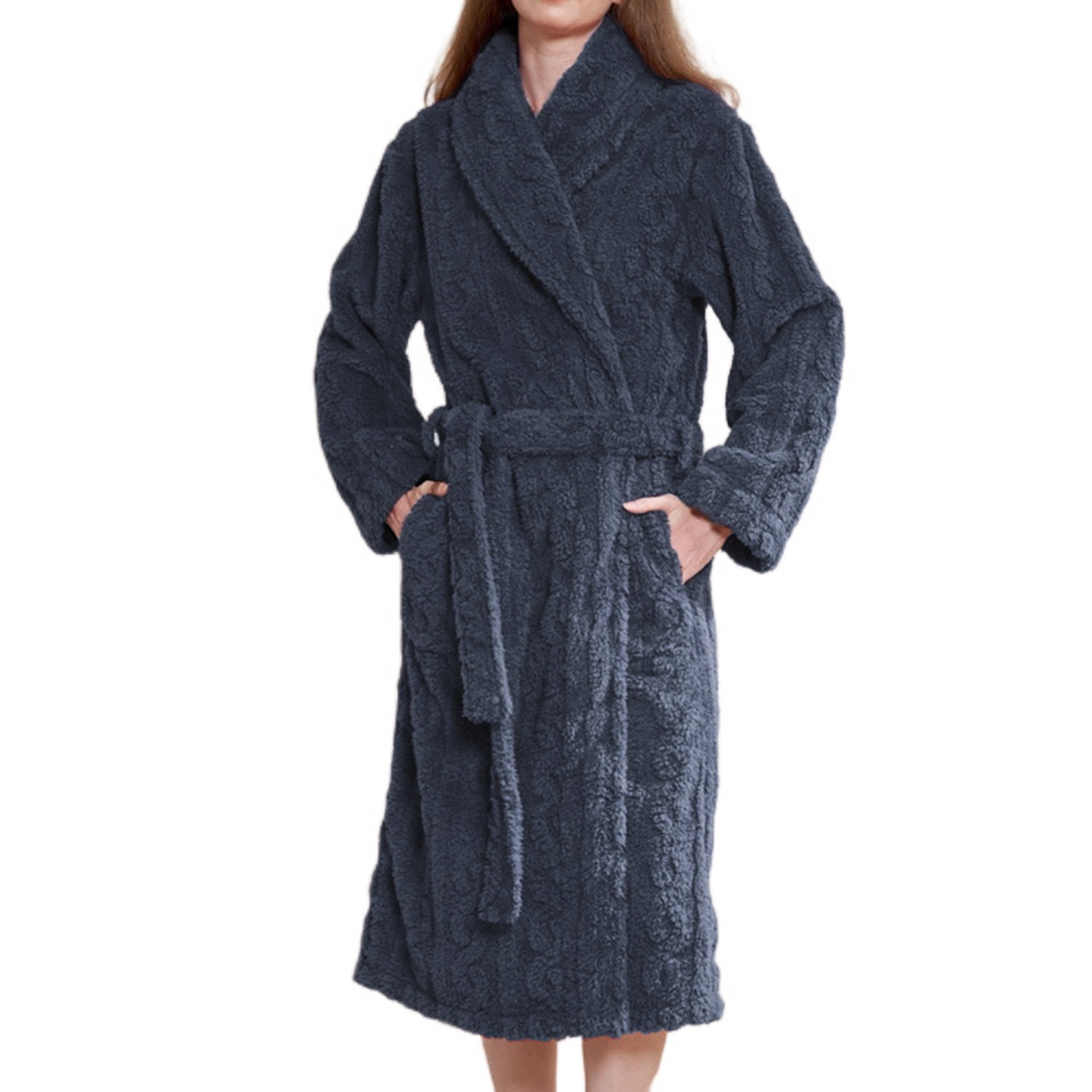 Homgro Women's Fuzzy Fleece Long Robe Cable Knit Shawl Collar SPA Bath ...