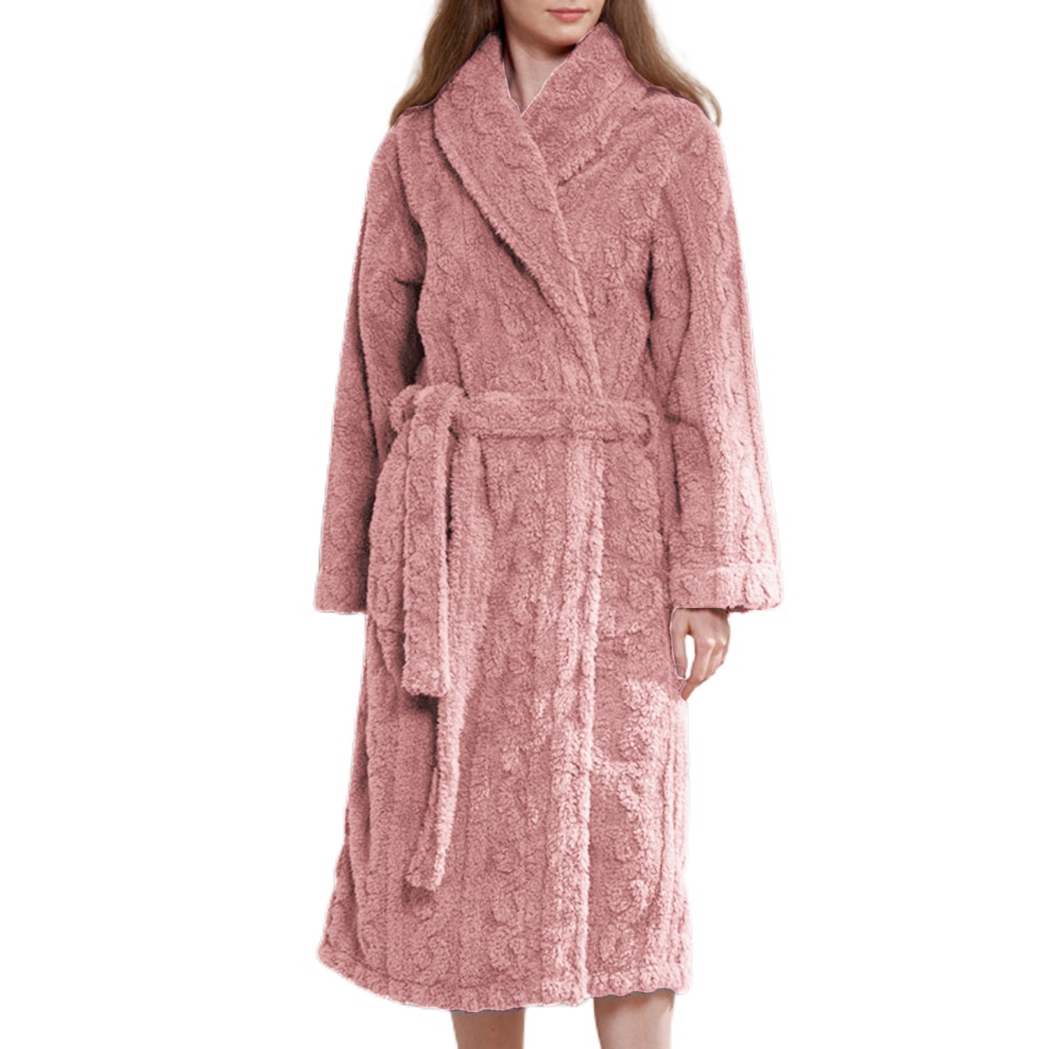 Defitshape Women's Fuzzy Fleece Long Robe Cable Knit Shawl Collar SPA ...