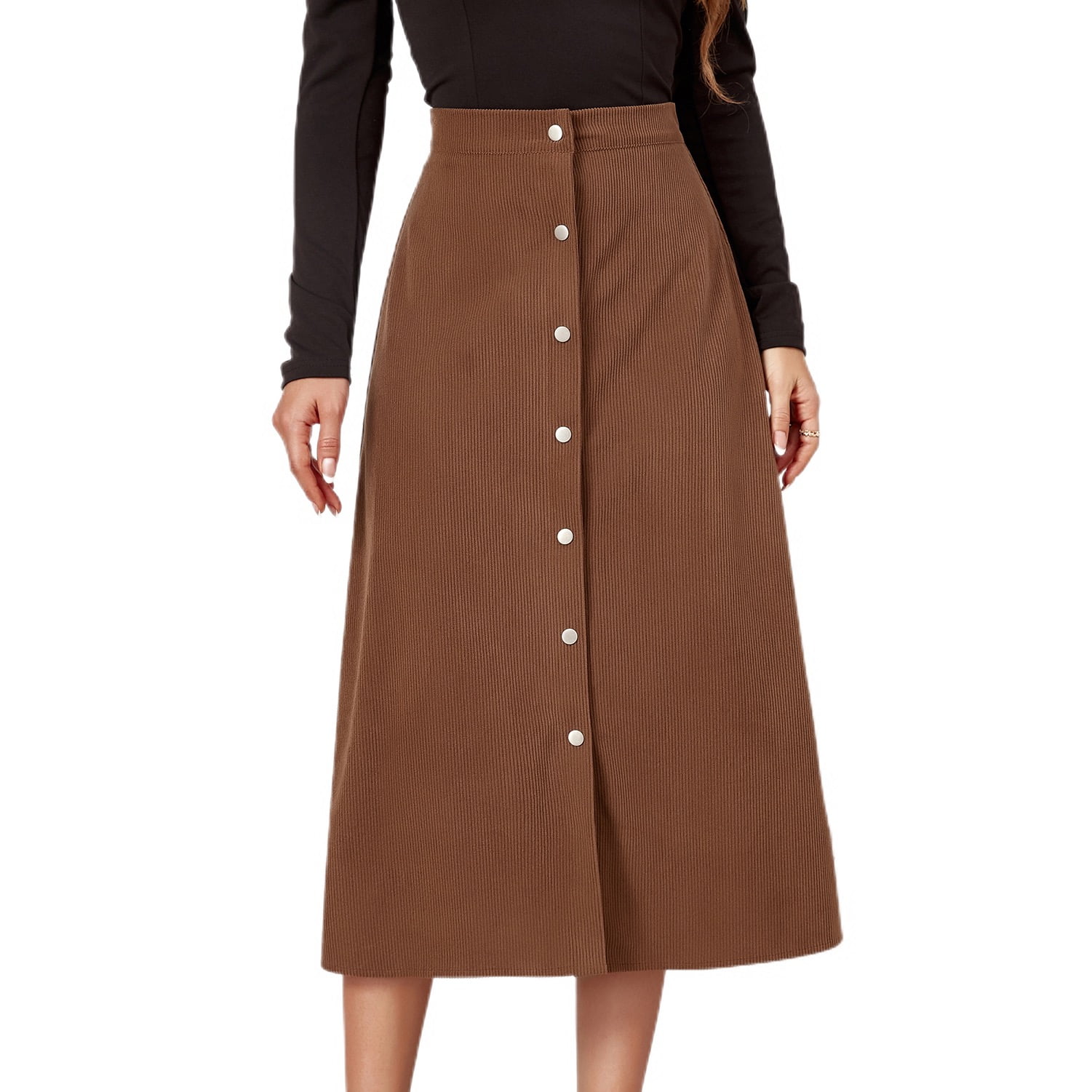Homgro Women's High Waist Skirt Winter Fall Casual Corduroy Button Up A ...