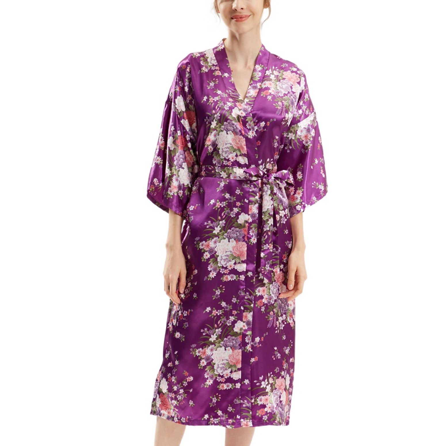 Defitshape Women's Long Kimono Bride Bathrobe Soft Floral Bridesmaid ...
